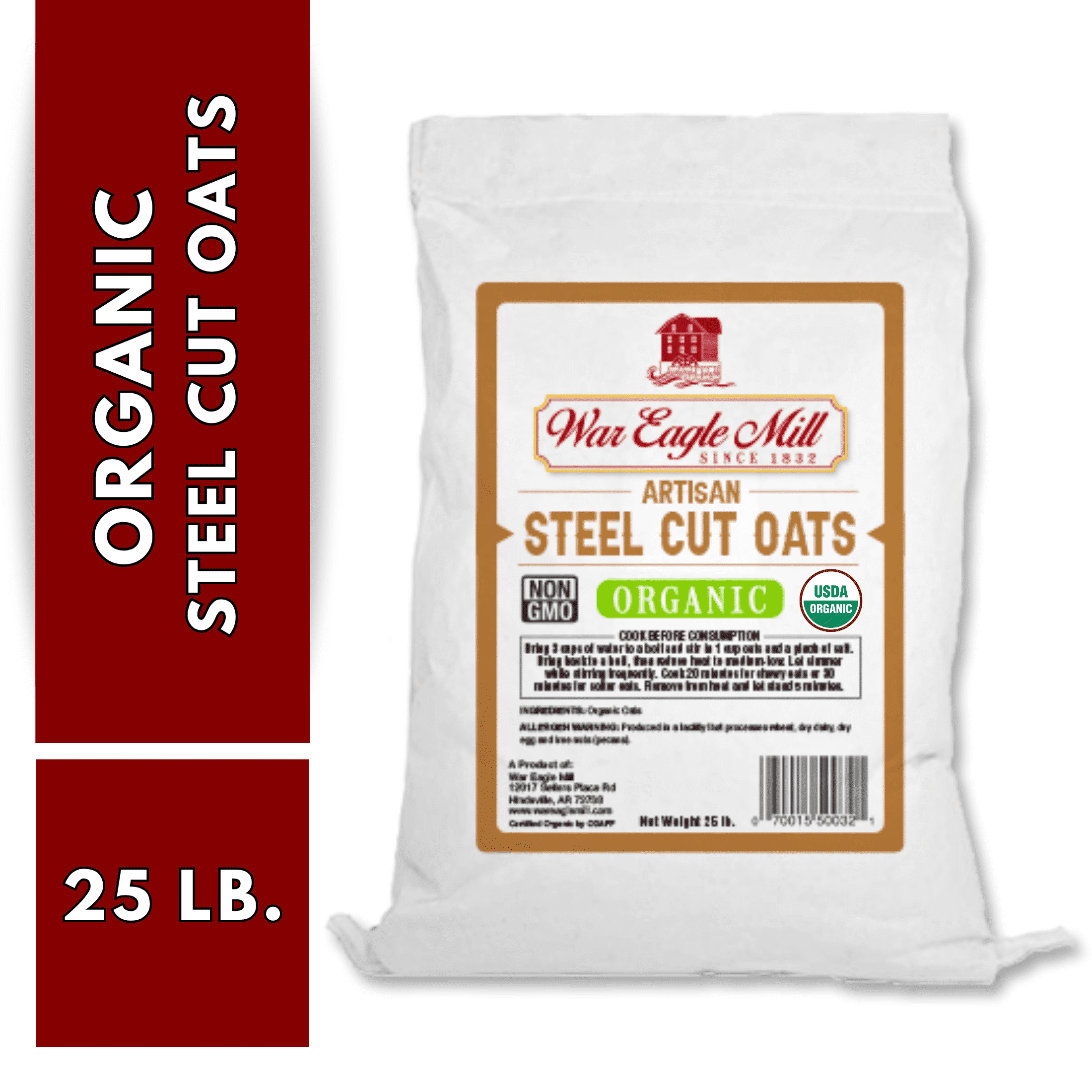 WAR EAGLE MILL Organic Steel Cut Oats, USDA Certified, 25 Pound Bag ...