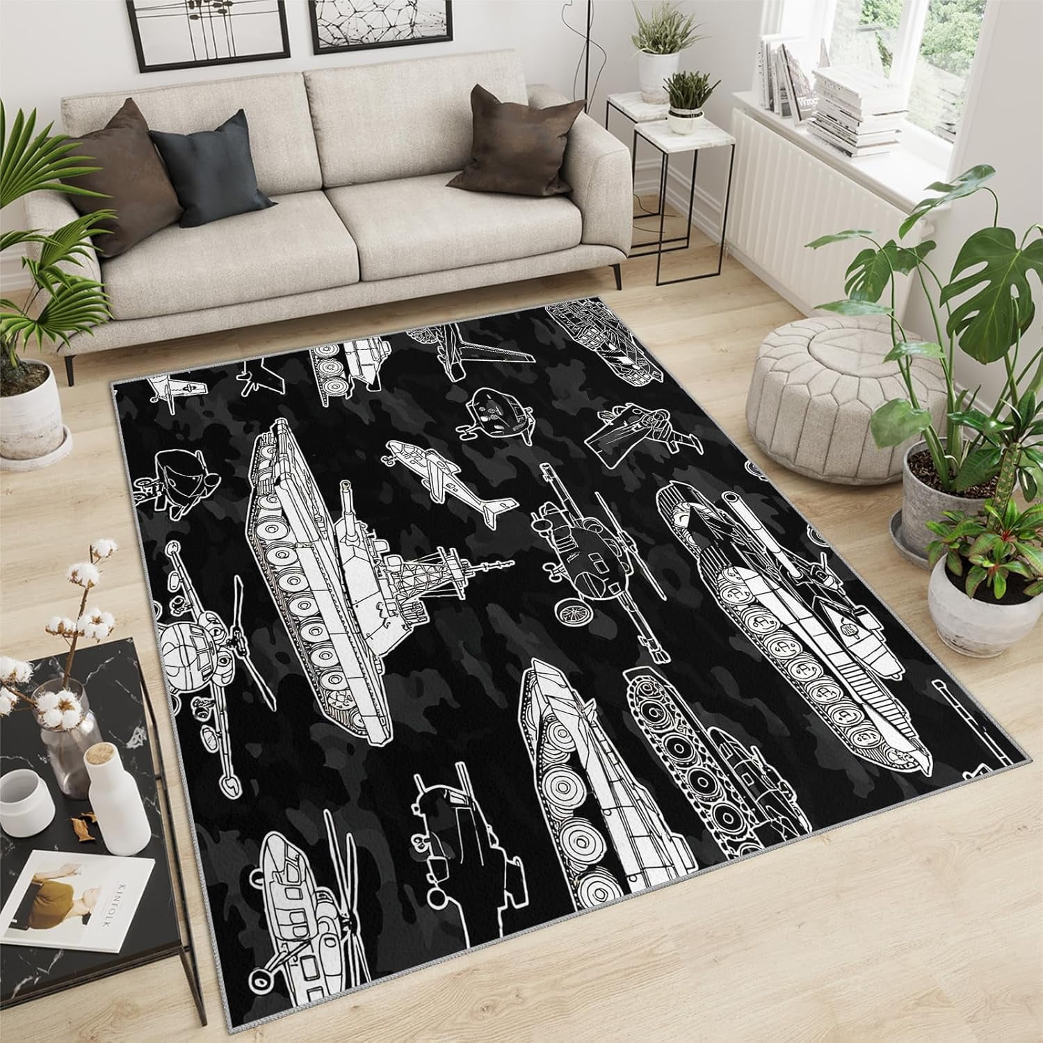 War Theme Area Rug Aircraft Area Rugs Helicopter Tank Rugs Black And ...