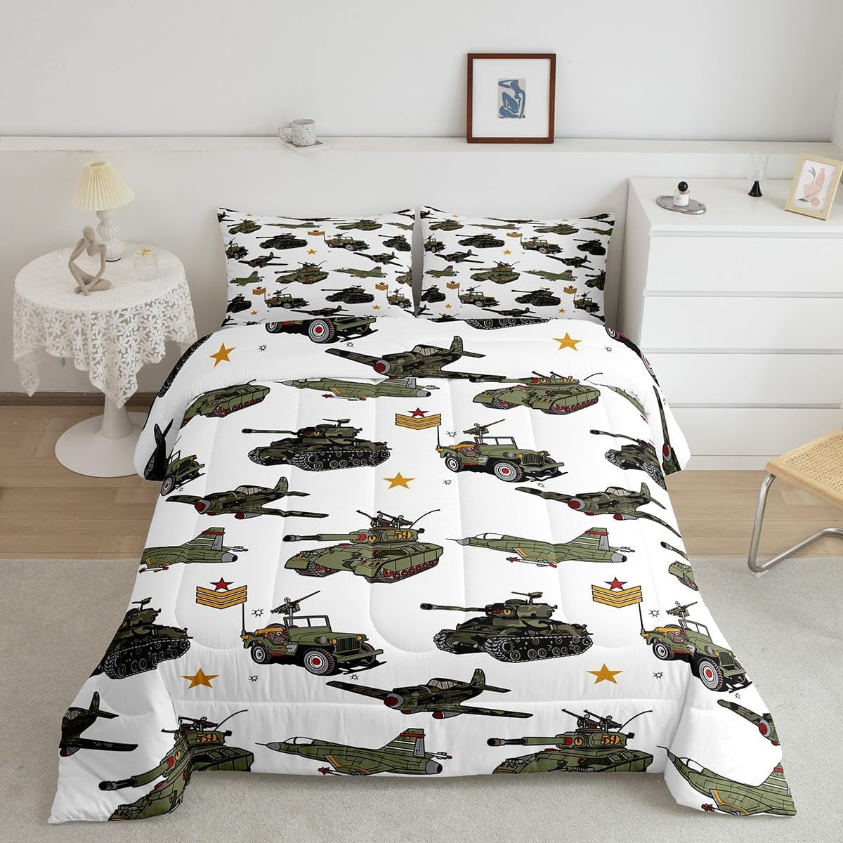 War Theme Comforter Set Queen Size, Aircraft Tanks Bedding Set 3-Piece ...