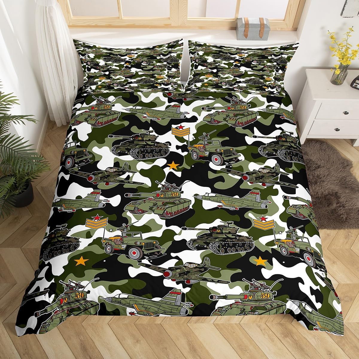 War Theme Duvet Cover Set Queen Size, Army Aircraft Tanks Comforter ...