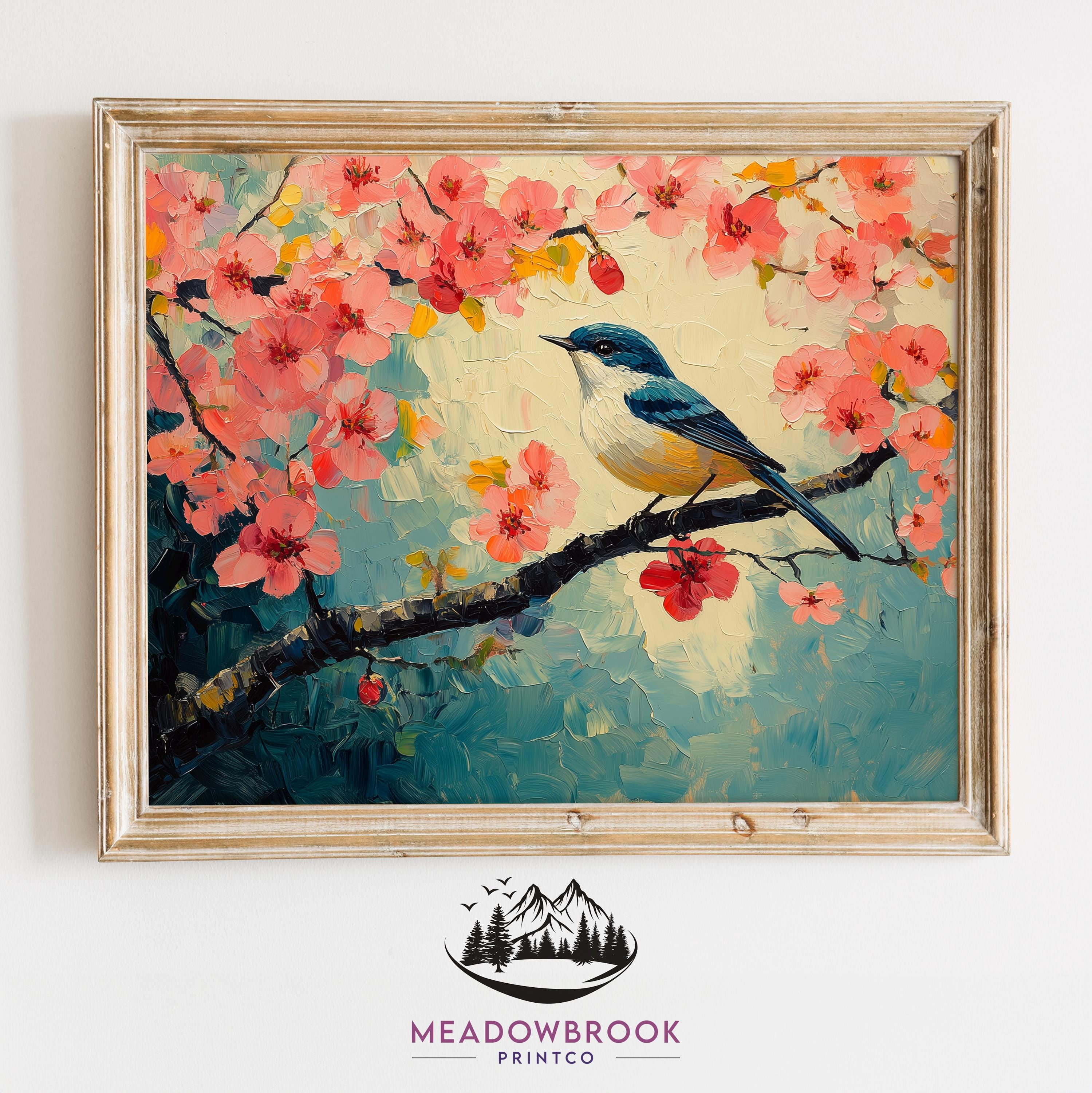 Warbler Bird Singing Among Blossom Canopy Spring Scene Printable Cozy ...