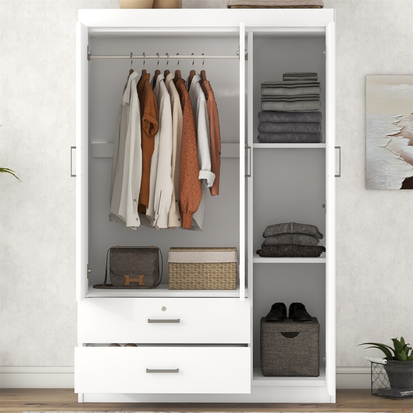 Wardrobe, 3-Door Wardrobe Closet with 2 Drawers, Armoire Wardrobe ...