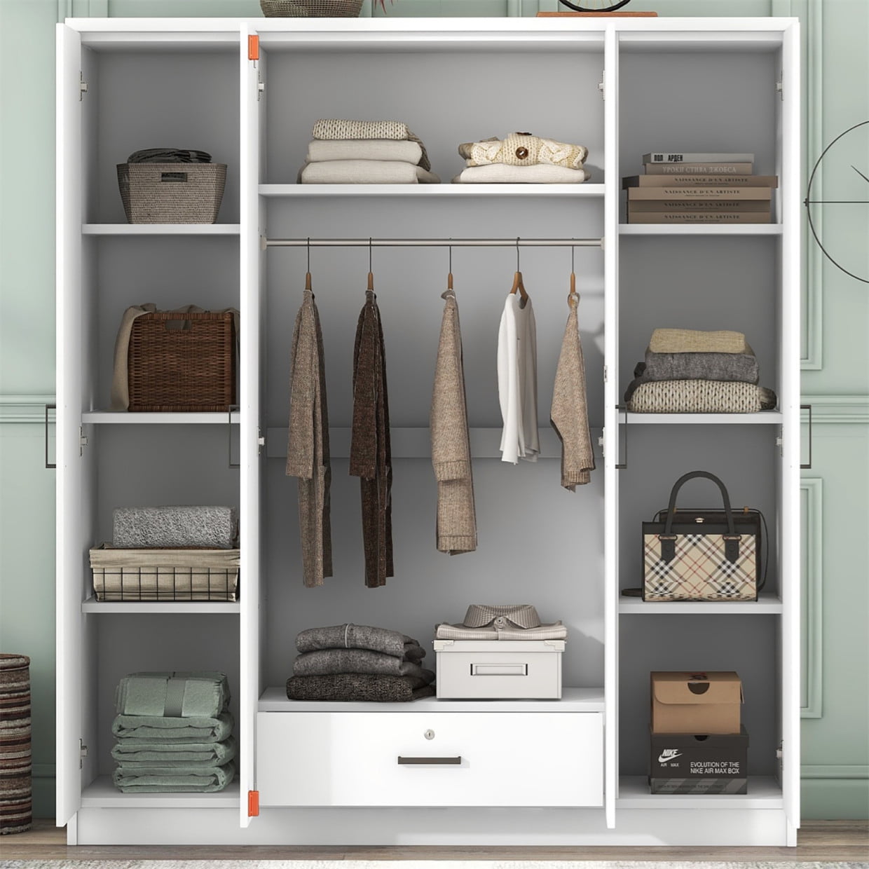 Wardrobe, 4-Door Wardrobe Closet with 1 Drawer, Armoire Wardrobe Closet ...