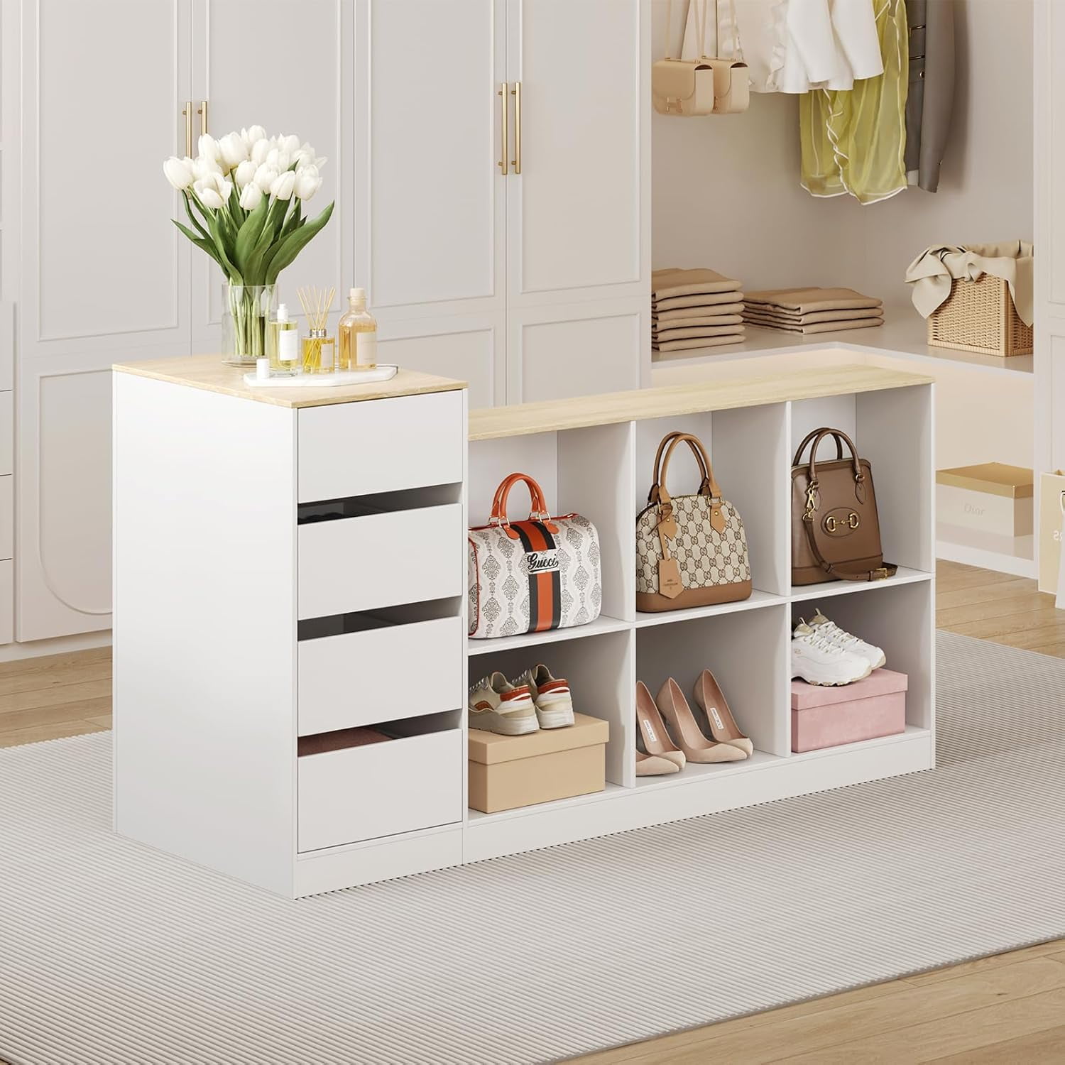 Wardrobe Armoire Closet with Bench, Walk-in Closet Island Dresser with ...