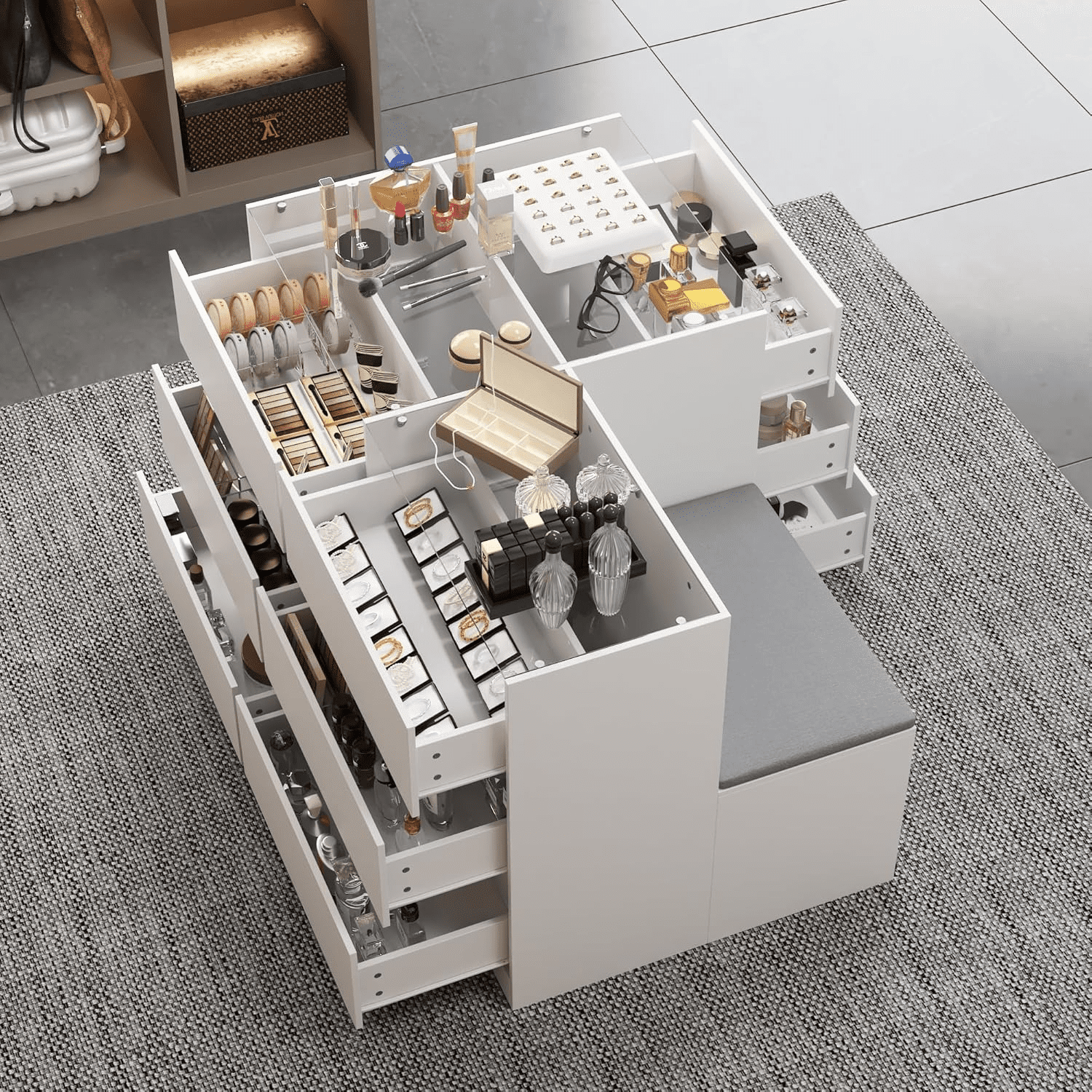 Wardrobe Armoire Closet with Bench Walk-in Closet Island Dresser with ...