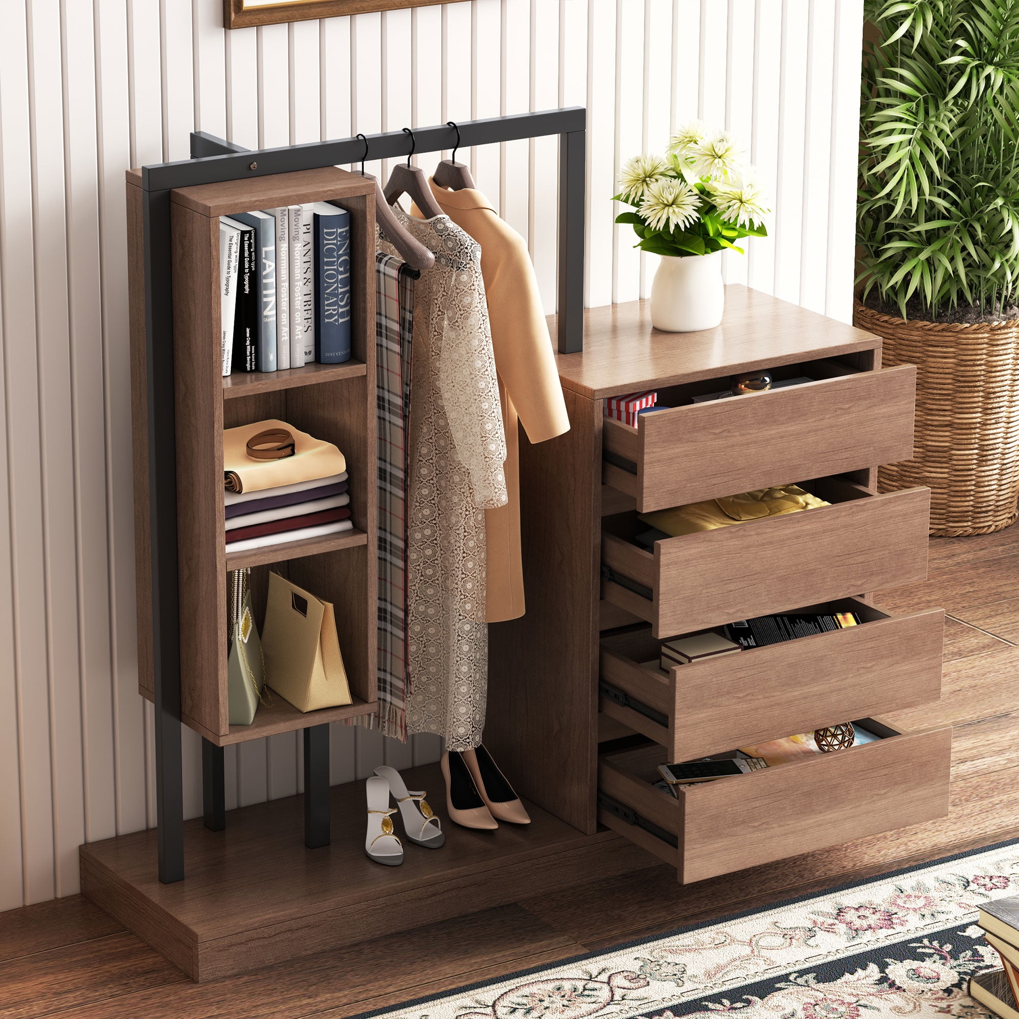 Wardrobe Cabinet, Clothes Storage Cabinet With 4 Drawers, 3 Shelves And ...