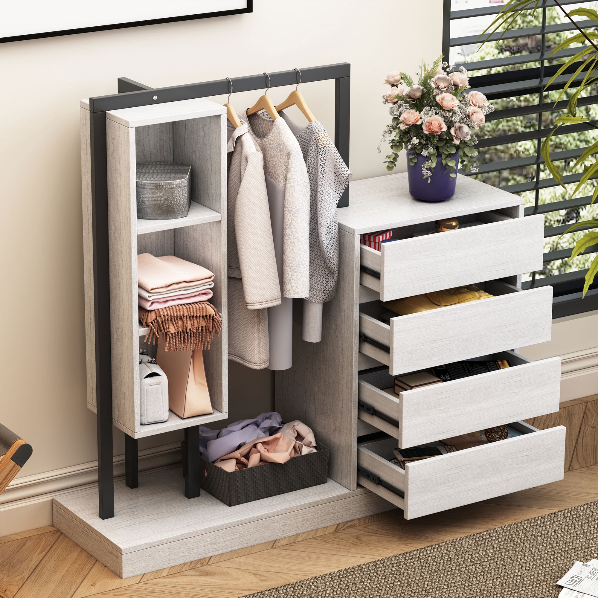 Wardrobe Cabinet, Clothes Storage Cabinet With 4 Drawers, 3 Shelves And ...