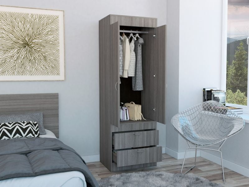 Wardrobe Cabinet with Hanging Rod, 70" Clothing Storage Cabinets with 2 ...