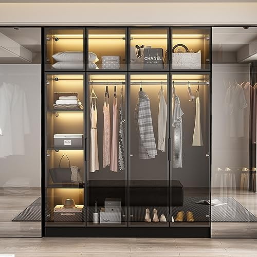 Wardrobe Cabinet with LED Light Strips, Armoire Closet with Glass Doors ...