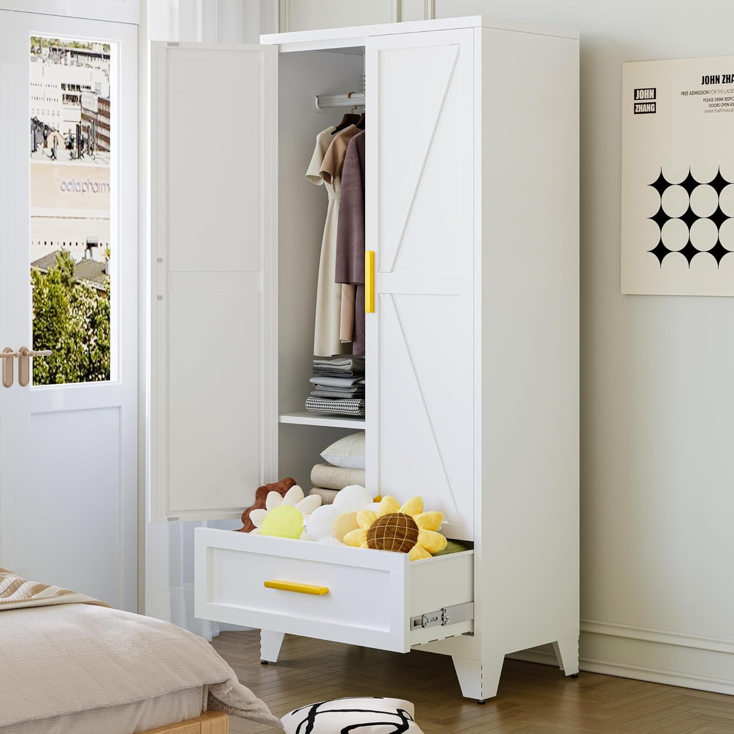 Wardrobe Closet with 2 Drawers, 71" Farmhouse Armoire Wardrobe Closet ...
