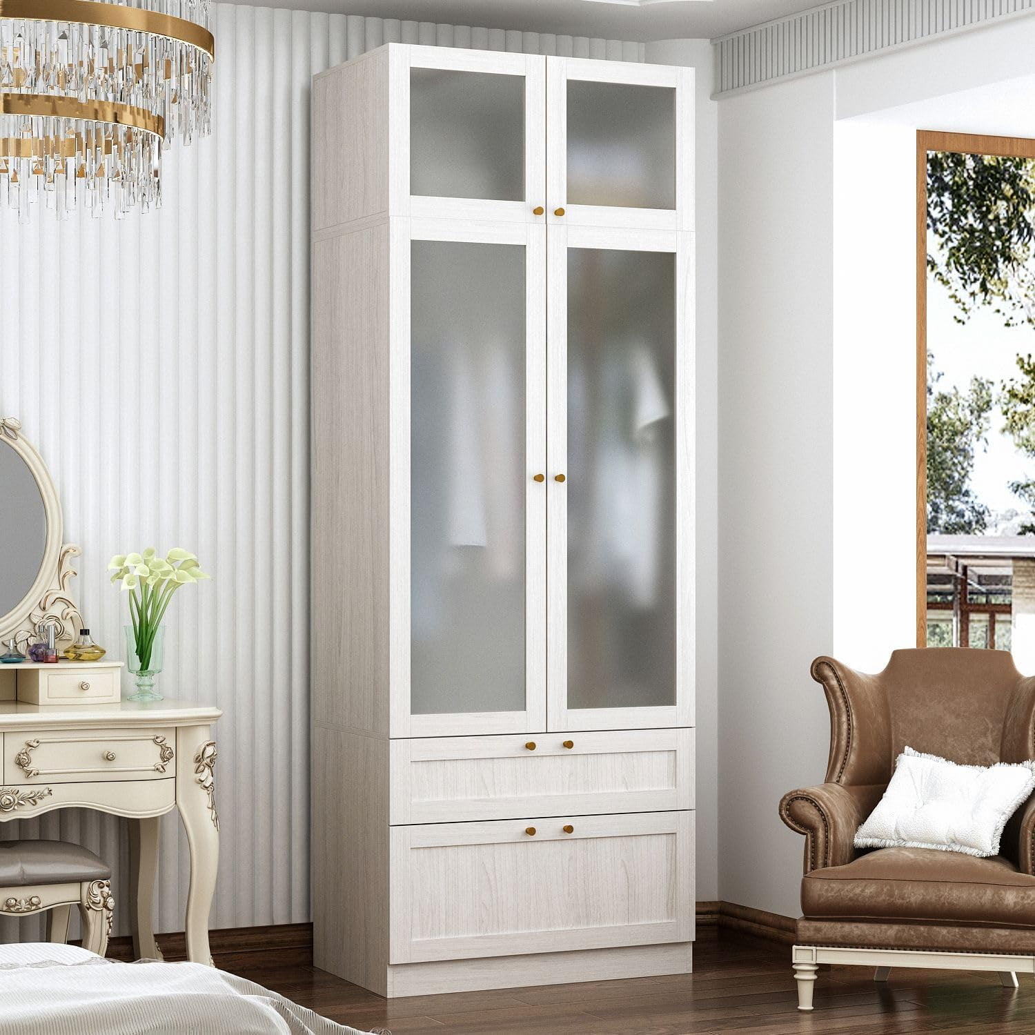 Wardrobe Closet with 2 Glass Doors & 2 Drawers, Wardrobe Closet Armoire ...