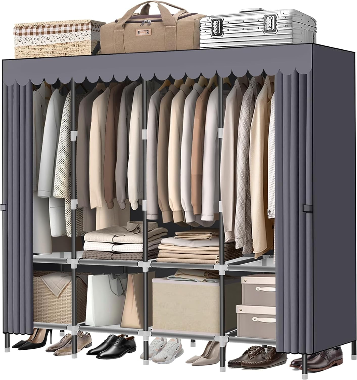 Wardrobe Closet，Grey Portable Closet with Zippers， 65.4Inches 19mm ...