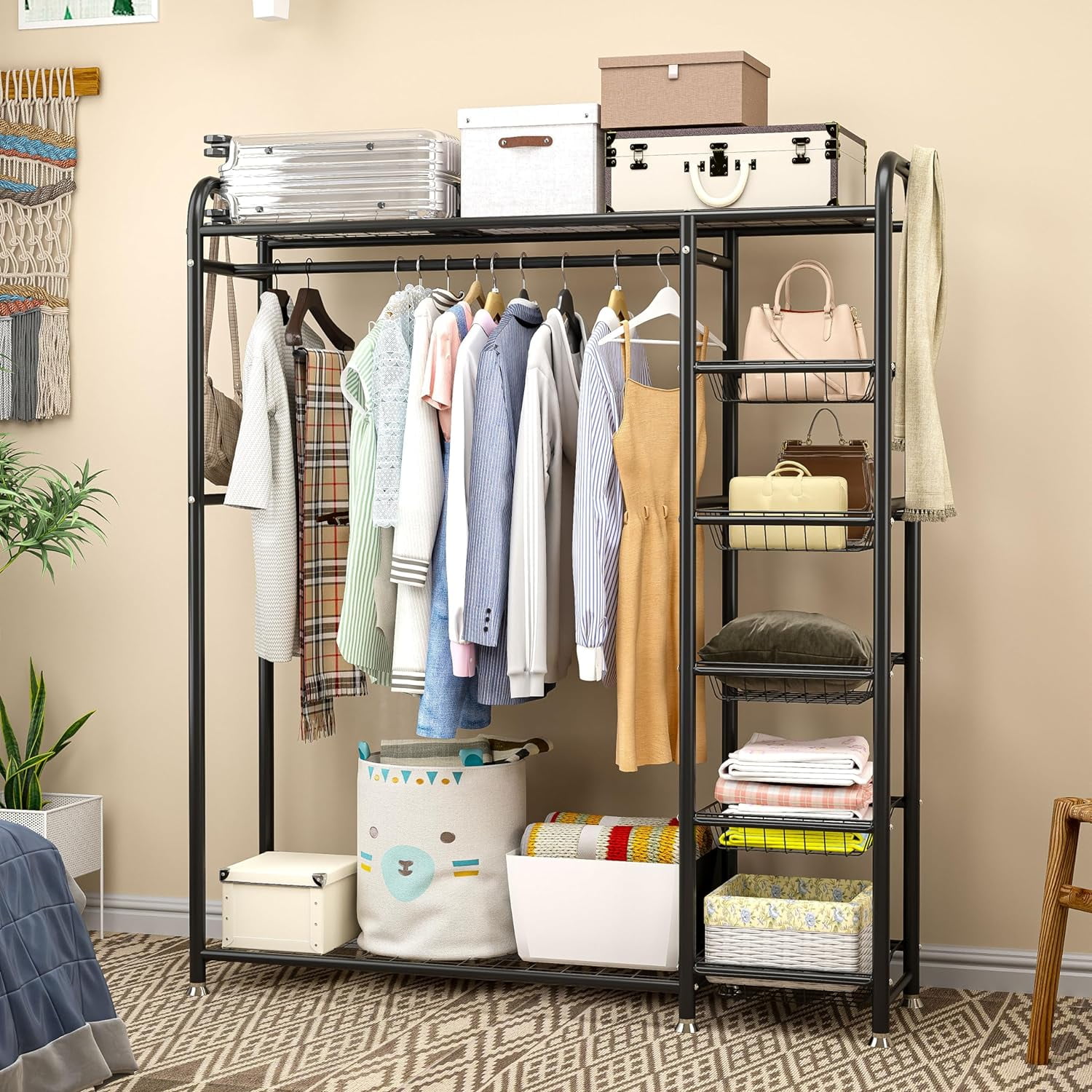 Wardrobe Closet, Metal Portable Clothing Rack with Hanging Rod and 5 ...