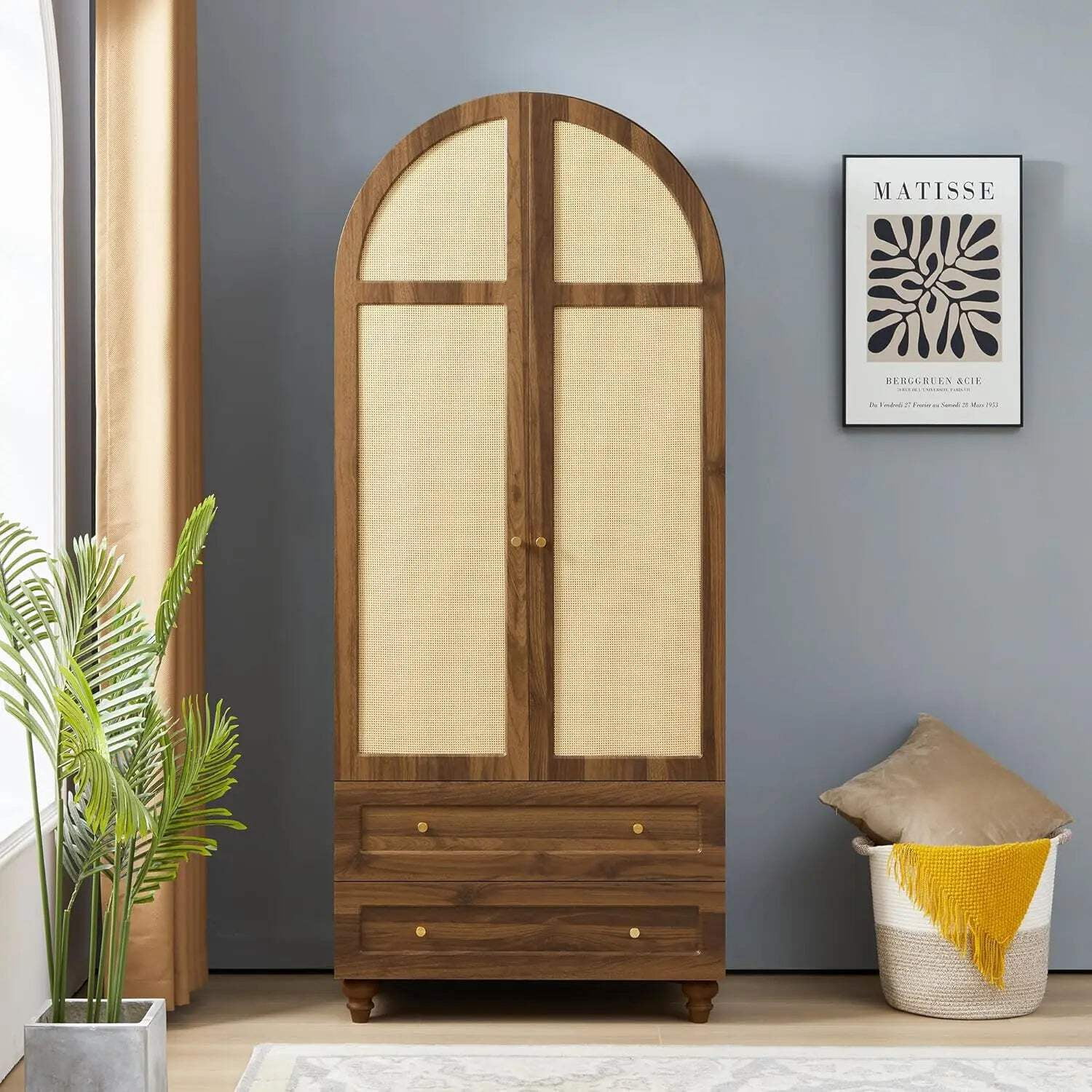 Wardrobe Closet, Rattan Freestanding Bedroom Armoire 2 Drawers and ...