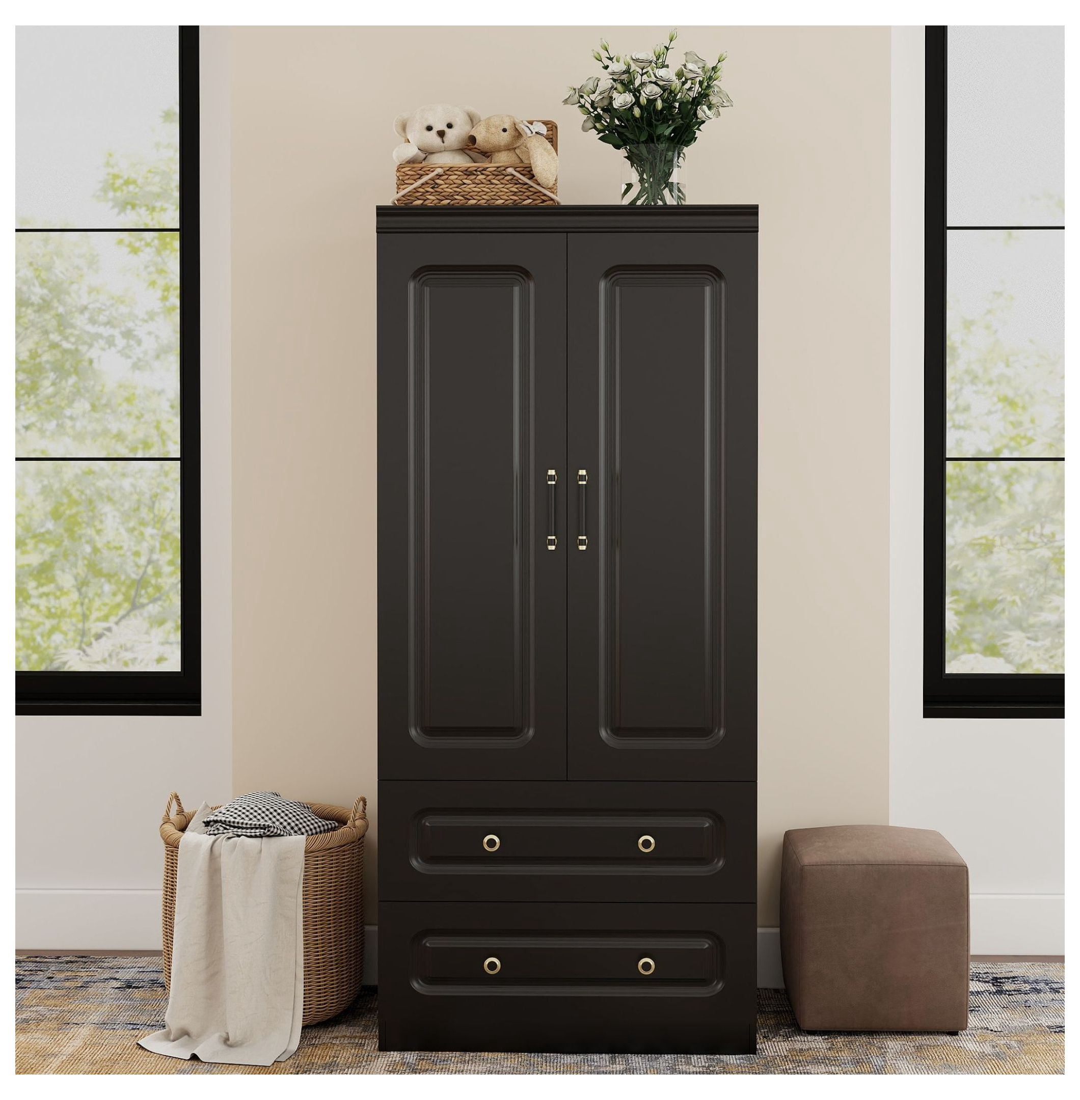 Wardrobe Closet Wooden Armoire - 2 Door Clothes Organizer with Hanging ...