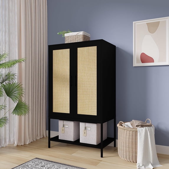 Wardrobe Closet with 2 Doors，Rattan Bedroom Armoires with Hanging Rod ...