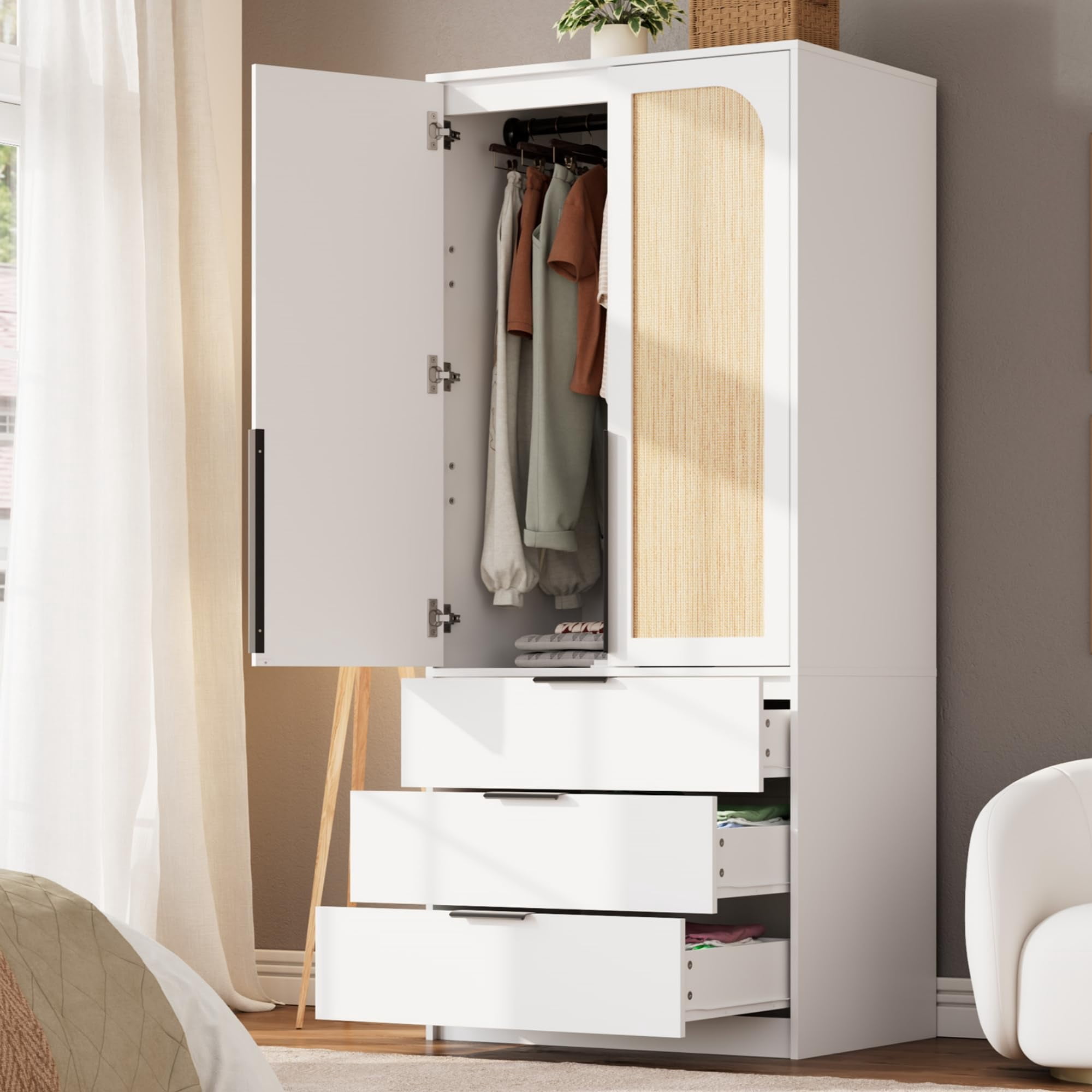 Wardrobe Closet with 2 Rattan Doors, Bedroom Freestanding Armoire ...