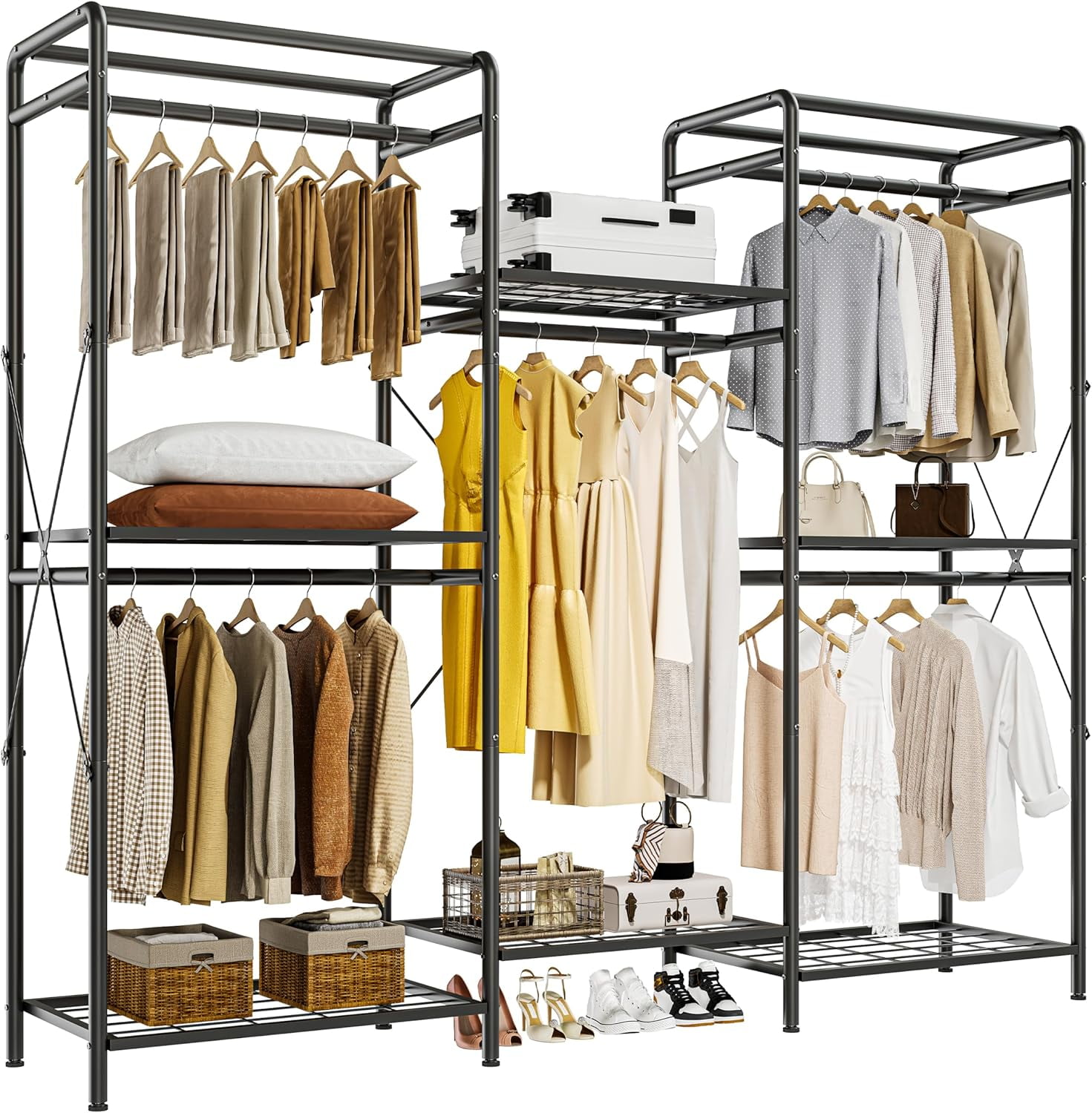 Wardrobe Organizer - Heavy Duty Clothes Rack with 5 Closet Rods & 6 ...