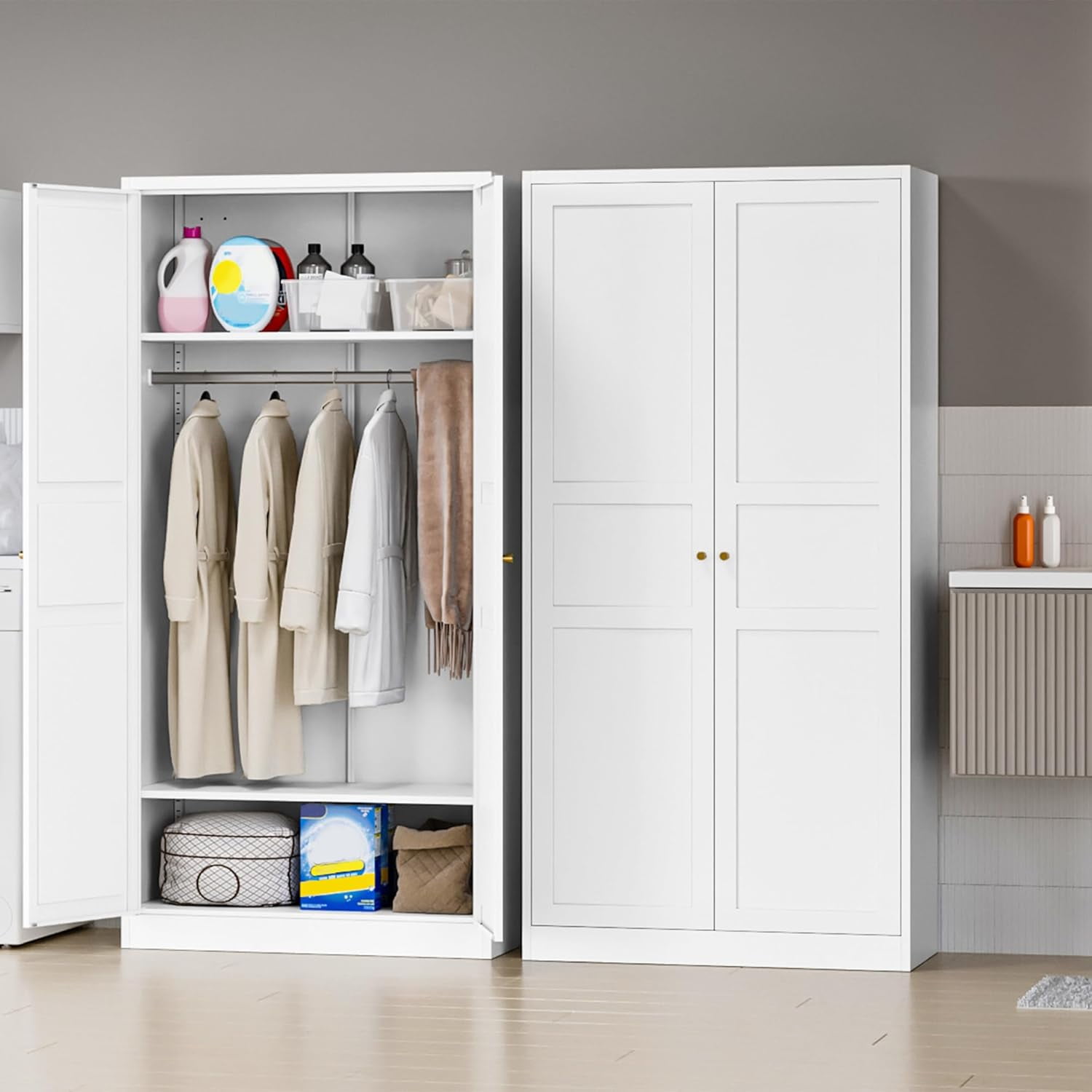 Wardrobe closet with doors, tall metal wardrobe cabinet with hanging ...