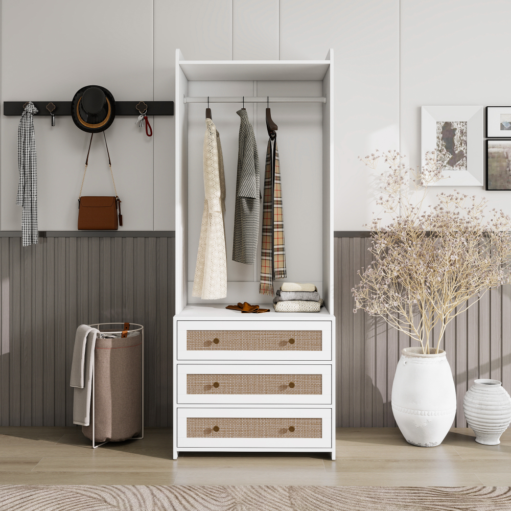 Wardrobe with 3 Drawers High Wardrobe Armoire With Rattan For Living ...