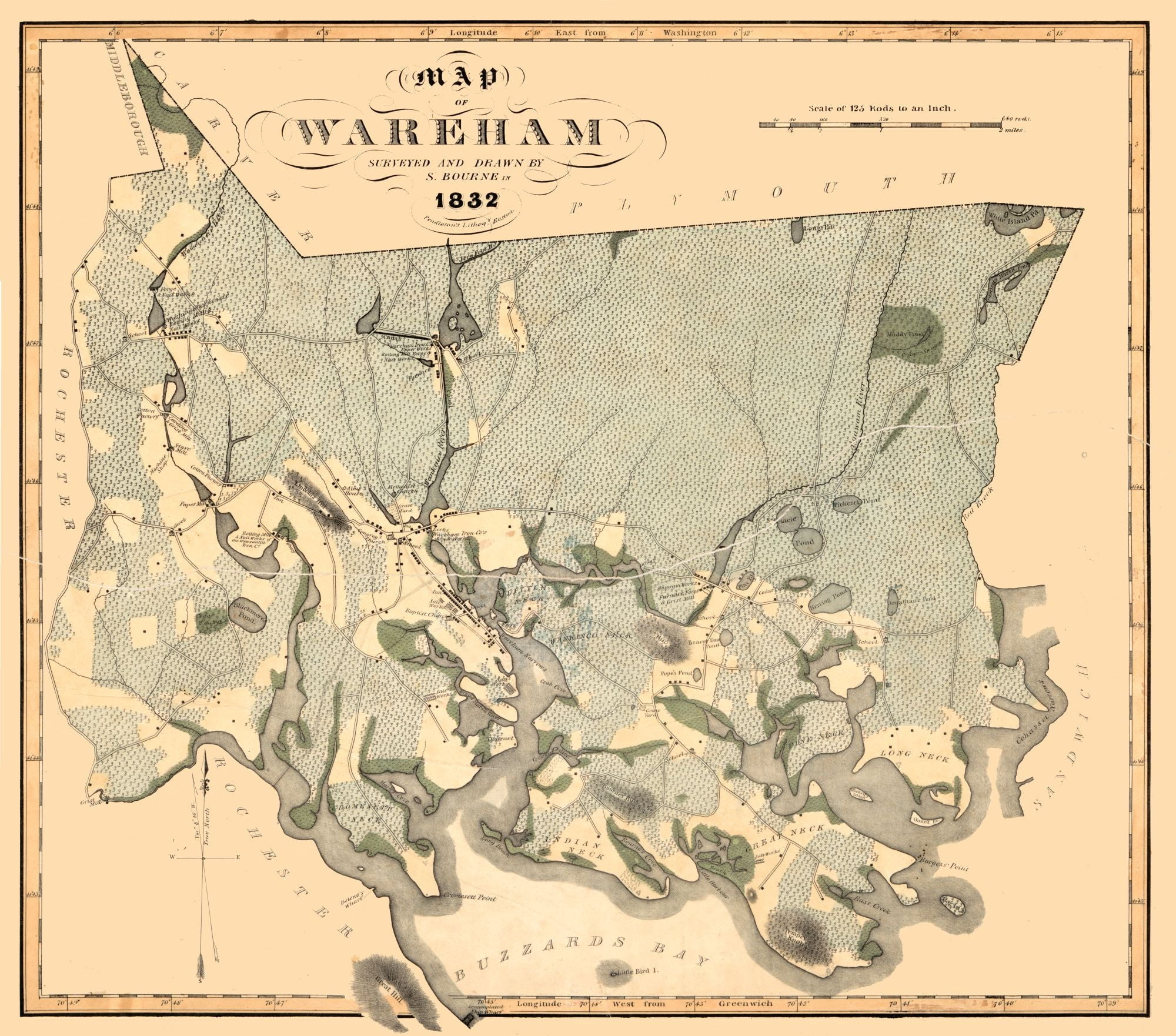 Historic City Map - Wareham Massachusetts - Bourne 1832 - 26.10 x 23 ...