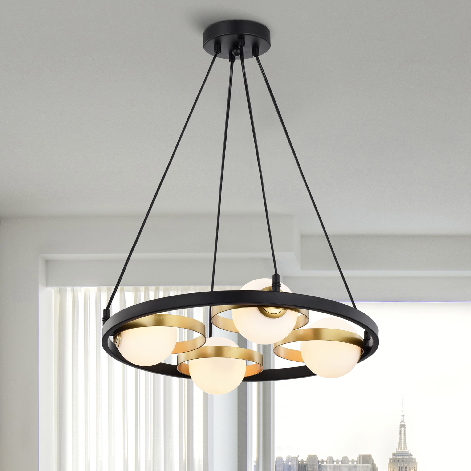 Pomponia 18 in. 4-Light Indoor Matte Black and Satin Gold Finish ...