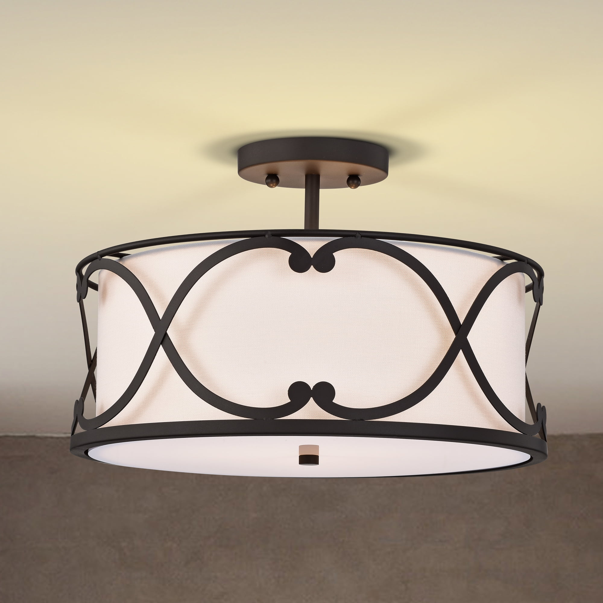 Warehouse of Tiffany Kine Brown 3-Light Metal & Fabric Drum Semi-Flush ...