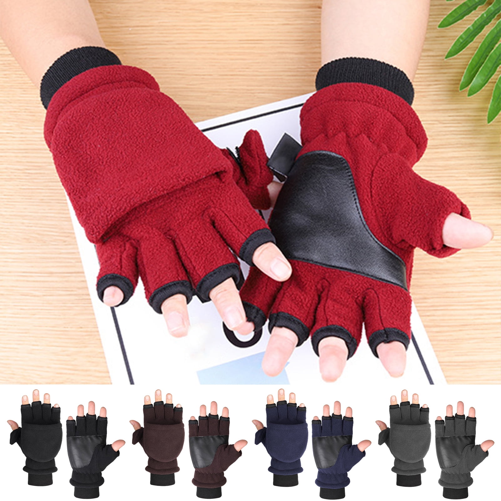 Warkul 1 Pair Women Men Gloves Half Fingers Double layer Fleece Thicken ...