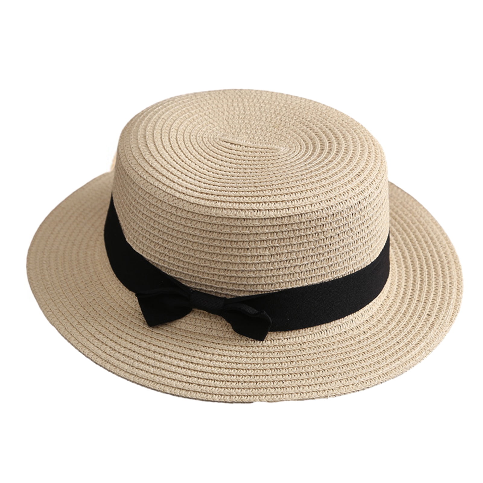 Warkul Bowknot Decor Flat Dome Straw Hat Folding Thin Women Wide Brim