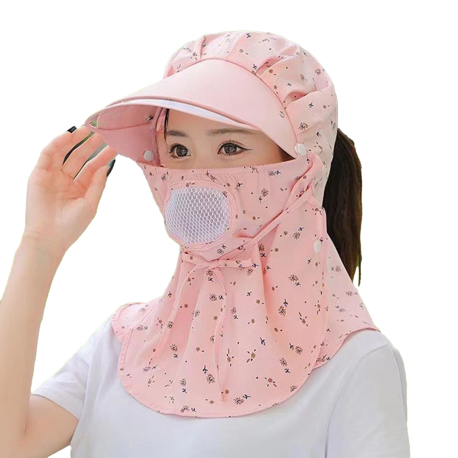 Warkul Floral Print Extended Brim Fisherman Hat Detachable Face Guard ...