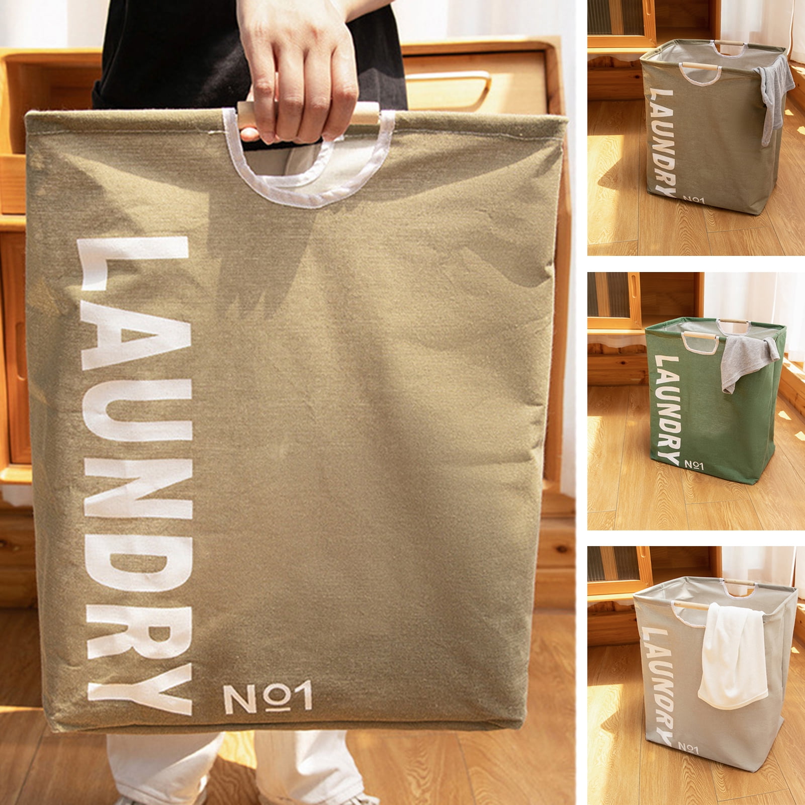 Warkul Foldable Laundry Baskets, Laundry Hamper with Wood Handles ...