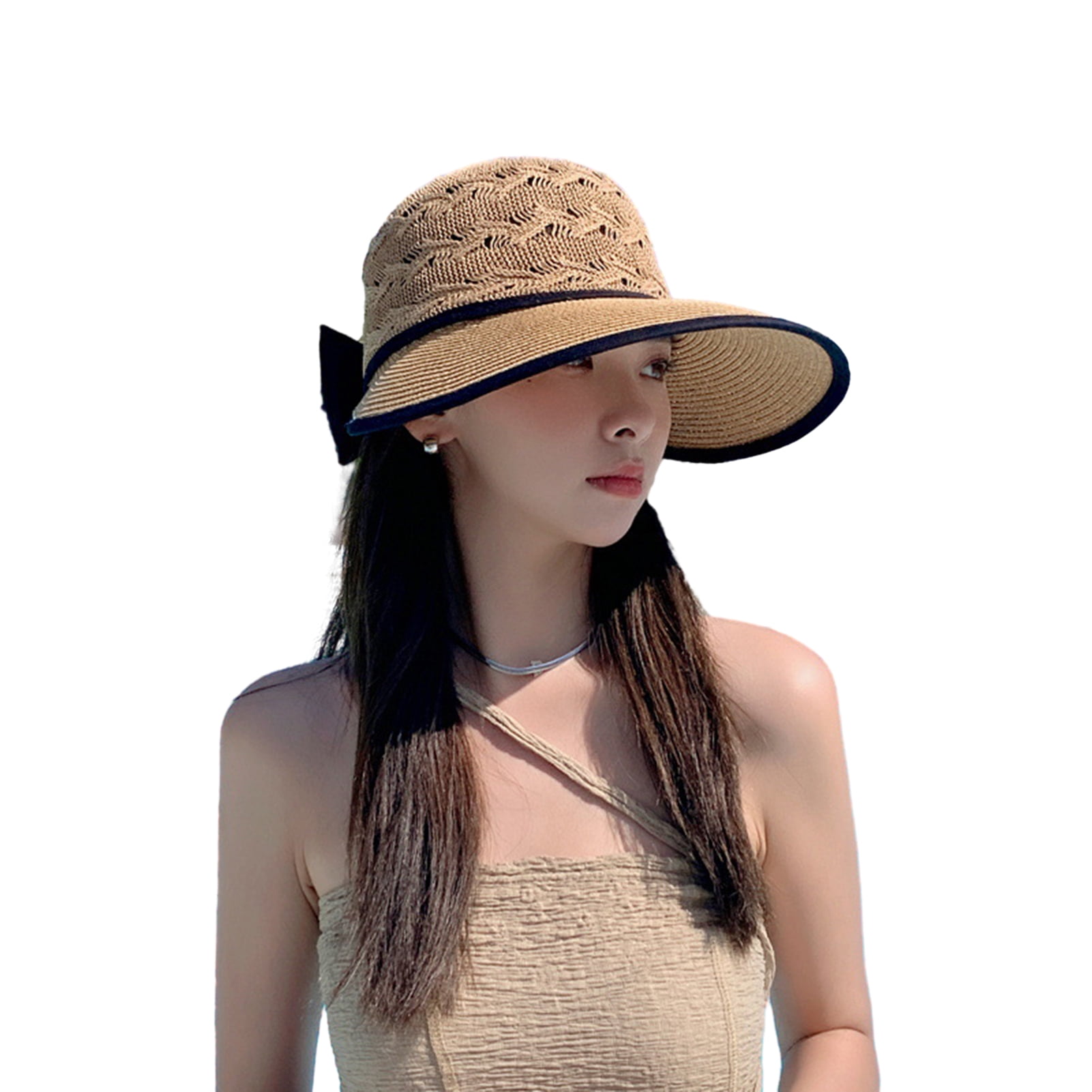 Warkul Hollow Out Round Dome Straw Hat Back Bowknot Decor Folding Wide ...