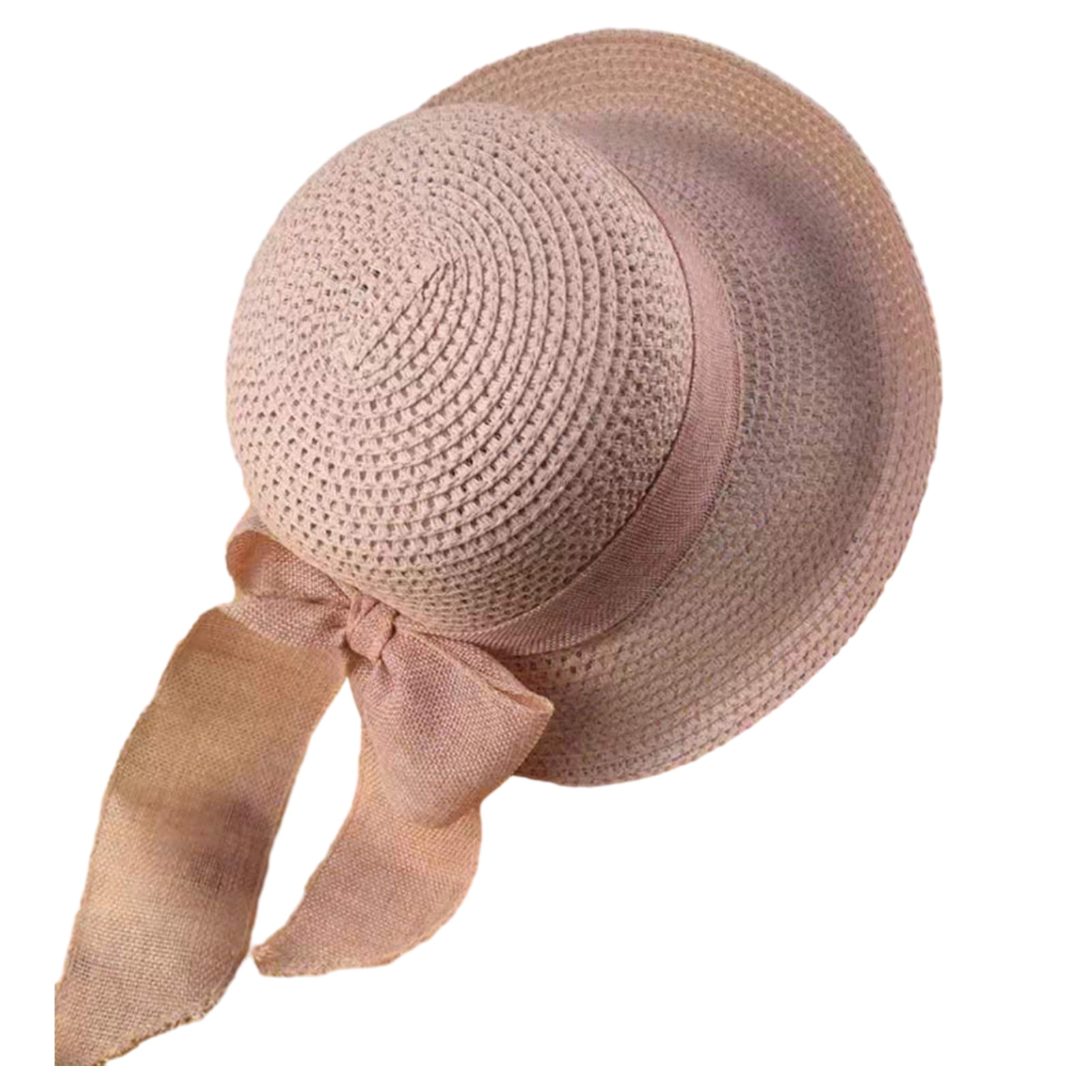 Warkul Ribbon Bowknot Decor Straw Hat Round Dome Solid Color Folding