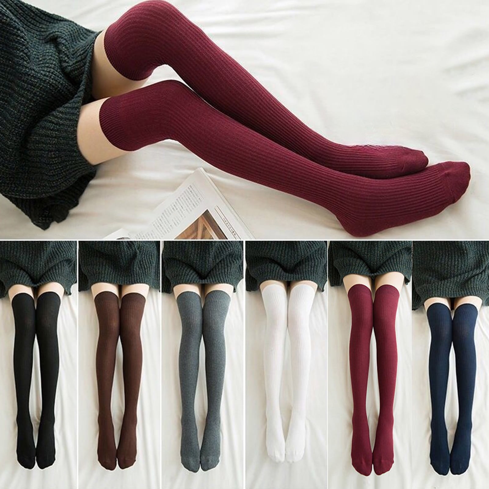 Warkul Thigh High Long Tube Women Socks - 1 Pair Vertical Stripe Solid ...
