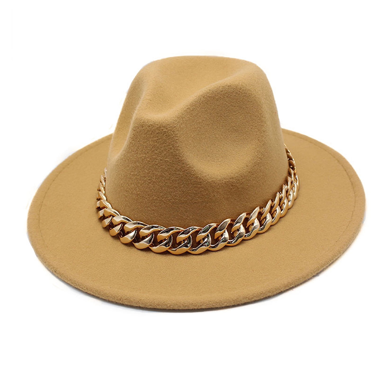 Warkul Wide Brim Solid Color Metal Chain Decor Jazz Hat Western Cowboy ...