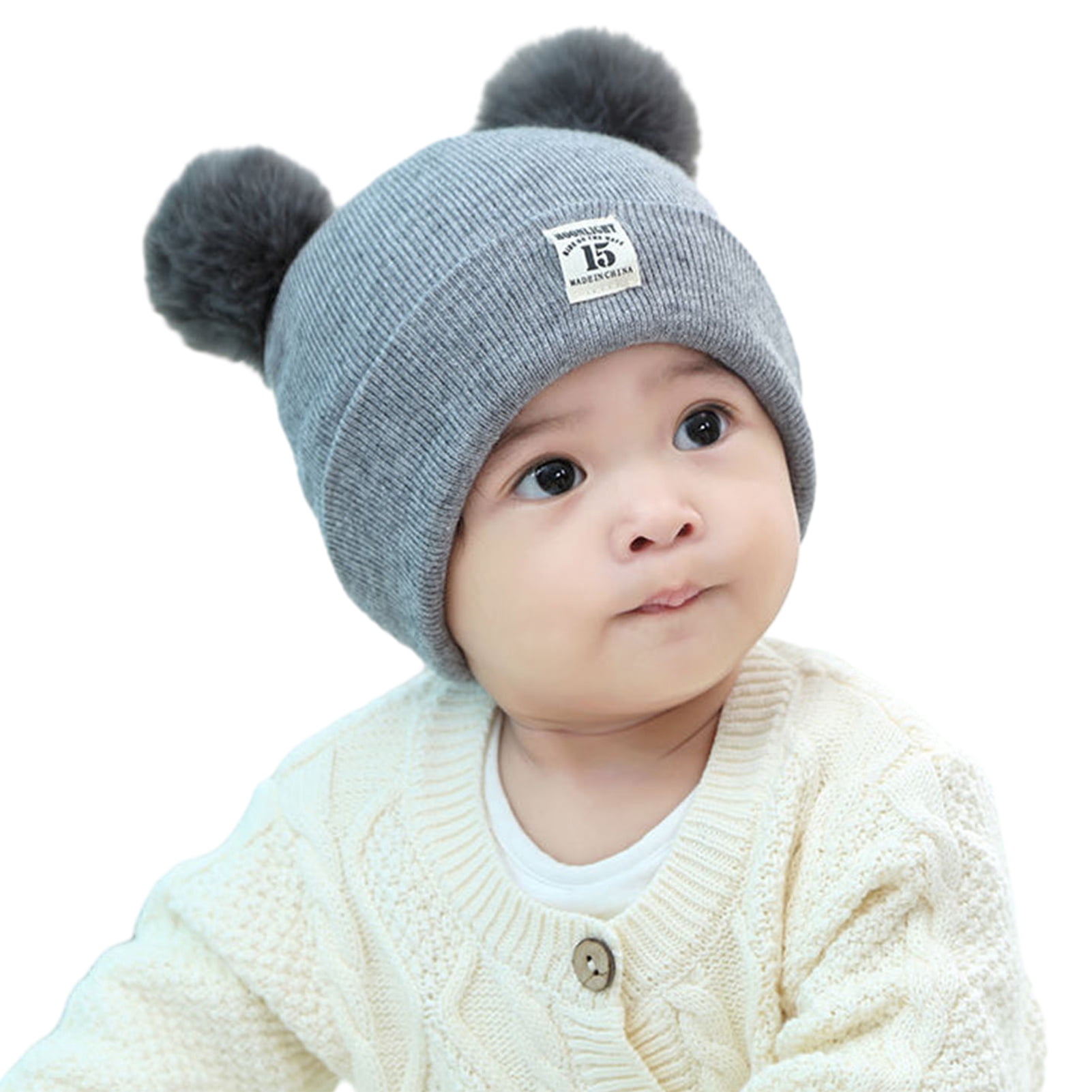 Warkul Winter Warm Baby Knitted Hat Solid Color Furry Balls Decor ...