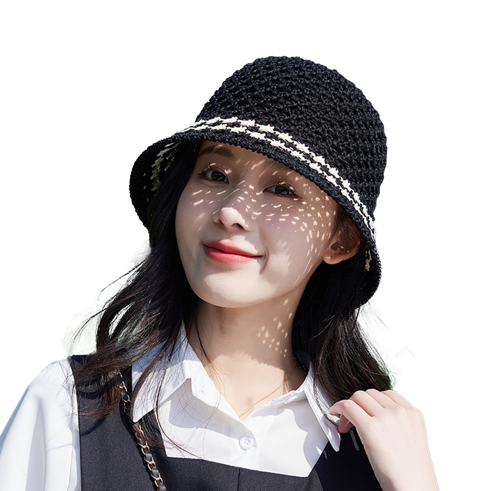 Warkul Women Beach Hat Knitted Hollow Out Patchwork Stripes Crochet Floppy Top Summer Hats ...