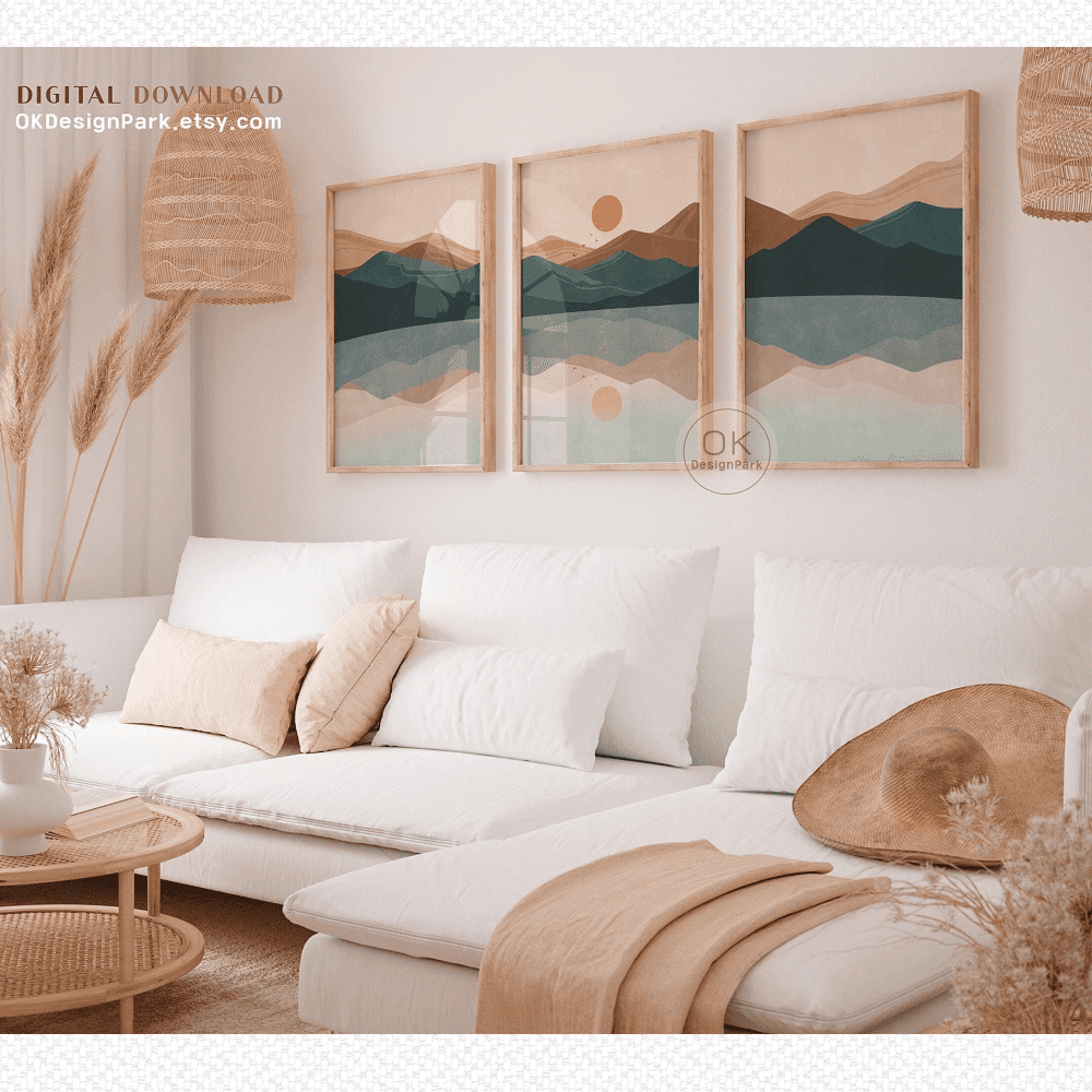 Warm Earth Tone Mountain Lake Abstract Landscape Poster Set 3 Prints ...