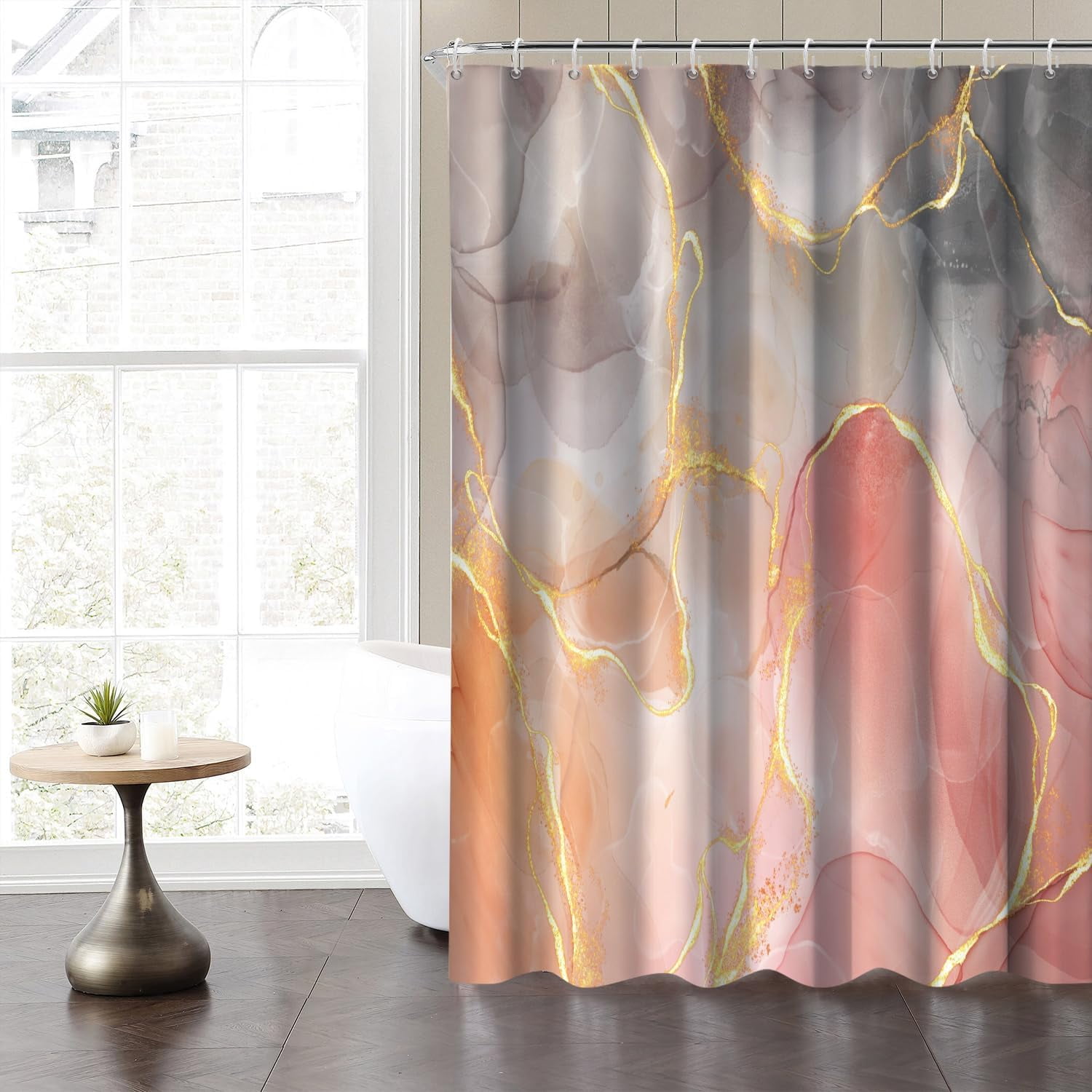 Warm Orange Red Shower Curtain Set for Bathroom Abstract Grey Marble ...
