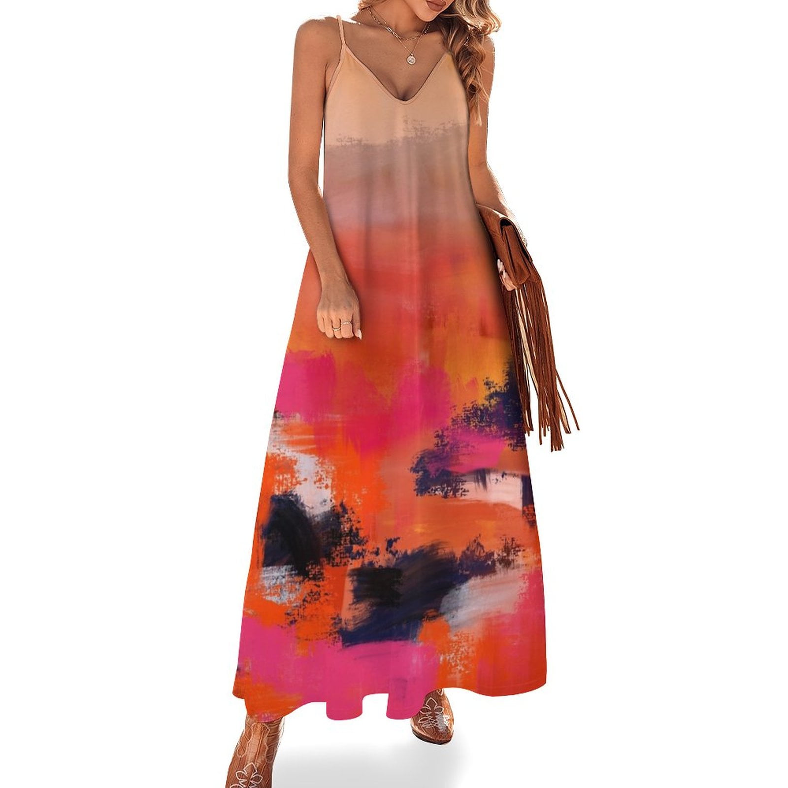 Warm Pink and Orange Abstract Flower Field Sleeveless Dress birthday ...