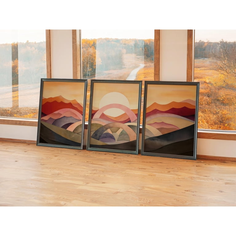 Warm Retro Landscape Prints Set Of 3, Vibrant Sun Mountain Boho Wall ...