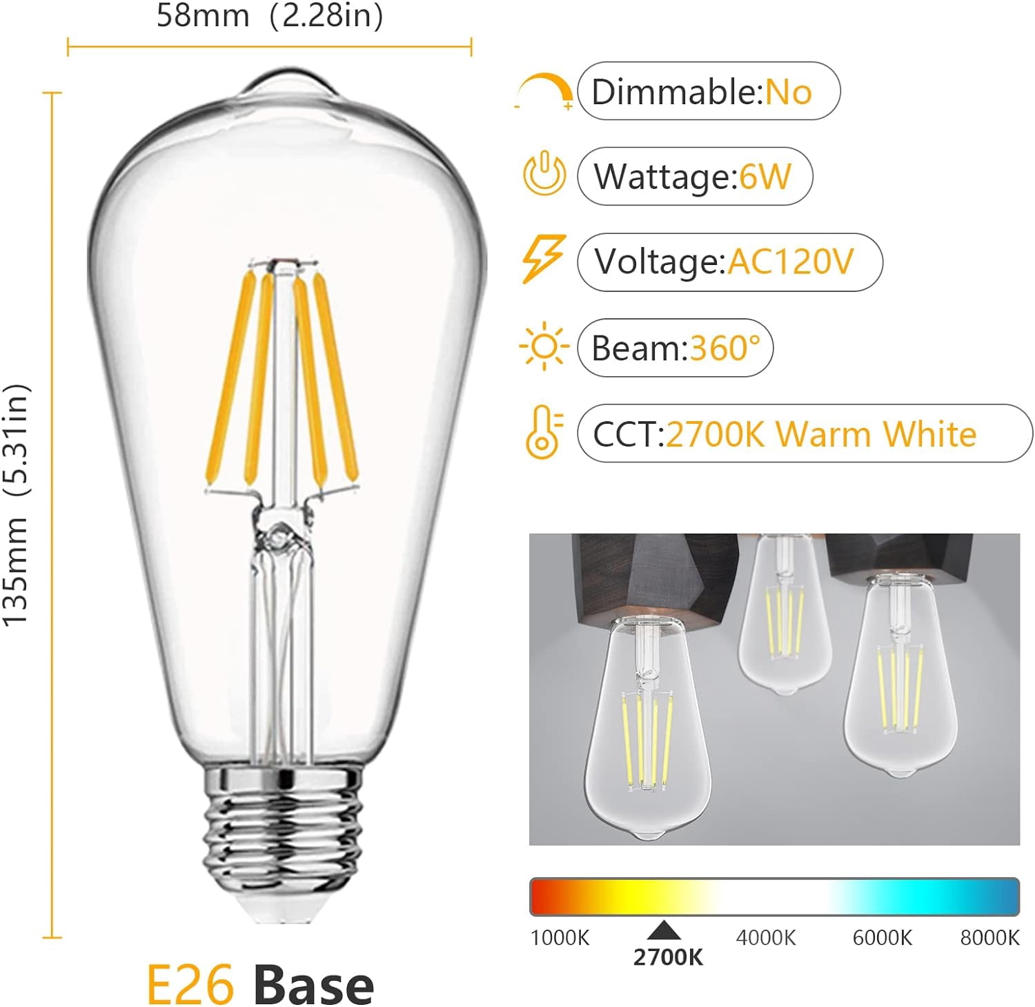 Warm White Bulbs 2700K Led E26 60W, 6W Equivalent To 60W Edison High ...