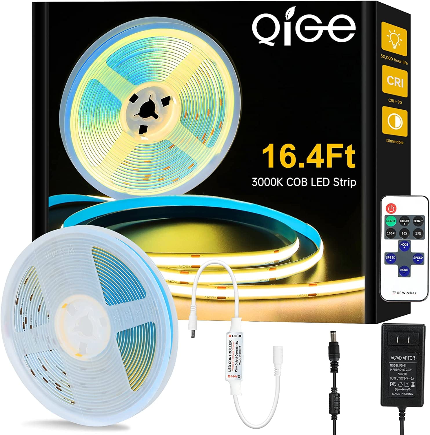 Warm White COB LED Strip Lights kit 16.4ft,24V Super Bright 2400 LEDs Strip,3000K CRI 90 ...