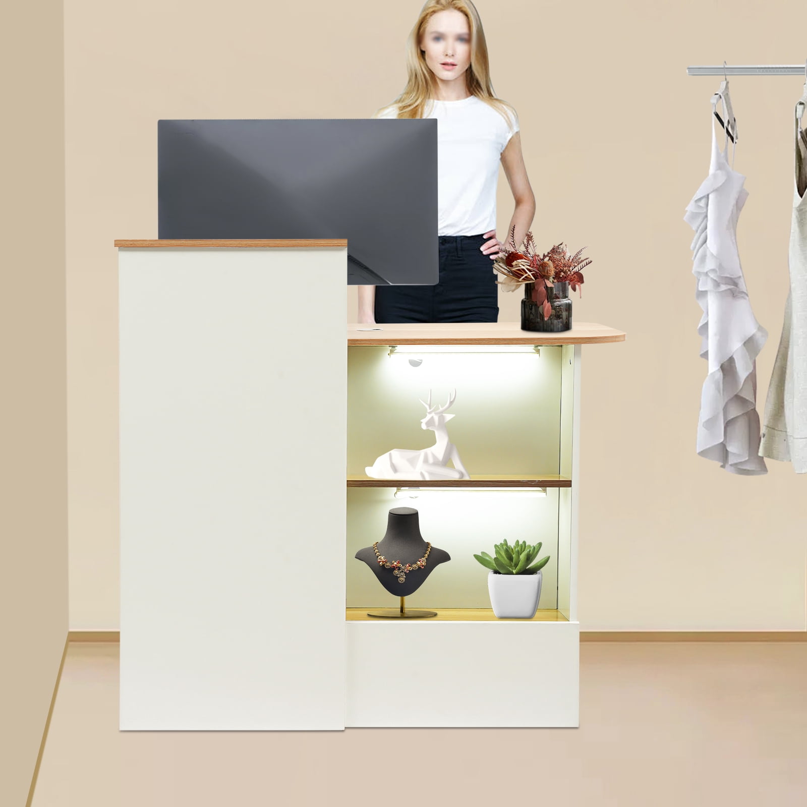 Warm White Density Board 100x50x100cm Cashier with Drawer LED Lamp ...