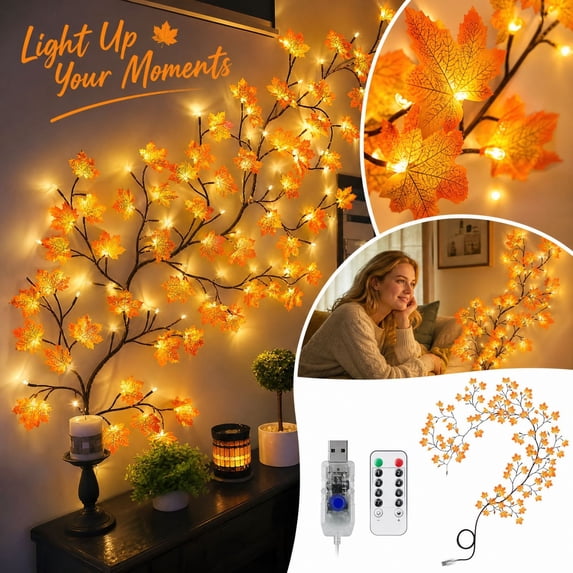 Warm White LED Branch Light 5.25 Ft 48 LED Lighted Autumn Leaves for ...