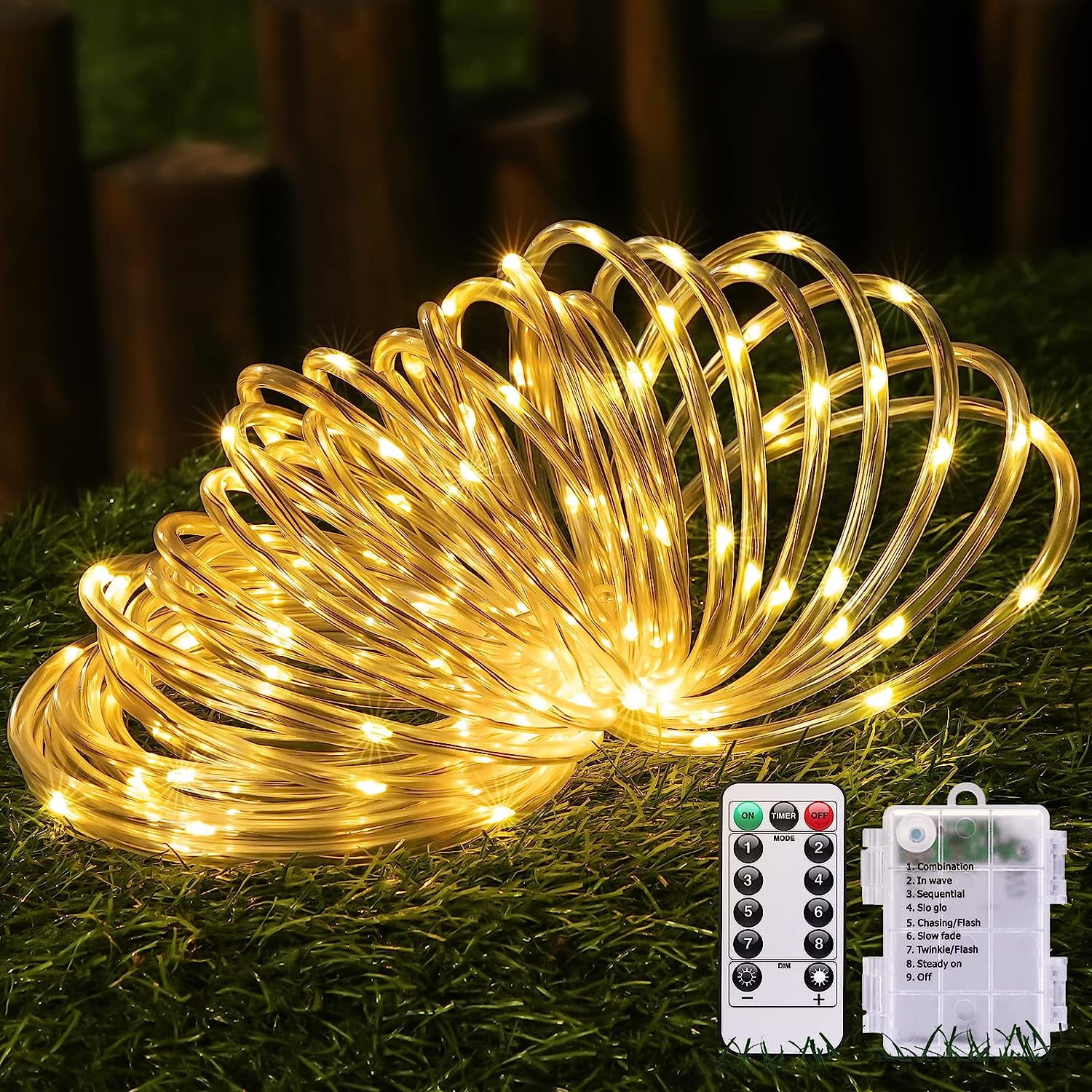 LED Rope Lights Outdoor, 39ft 100 LED Waterproof 8 Modes Battery ...