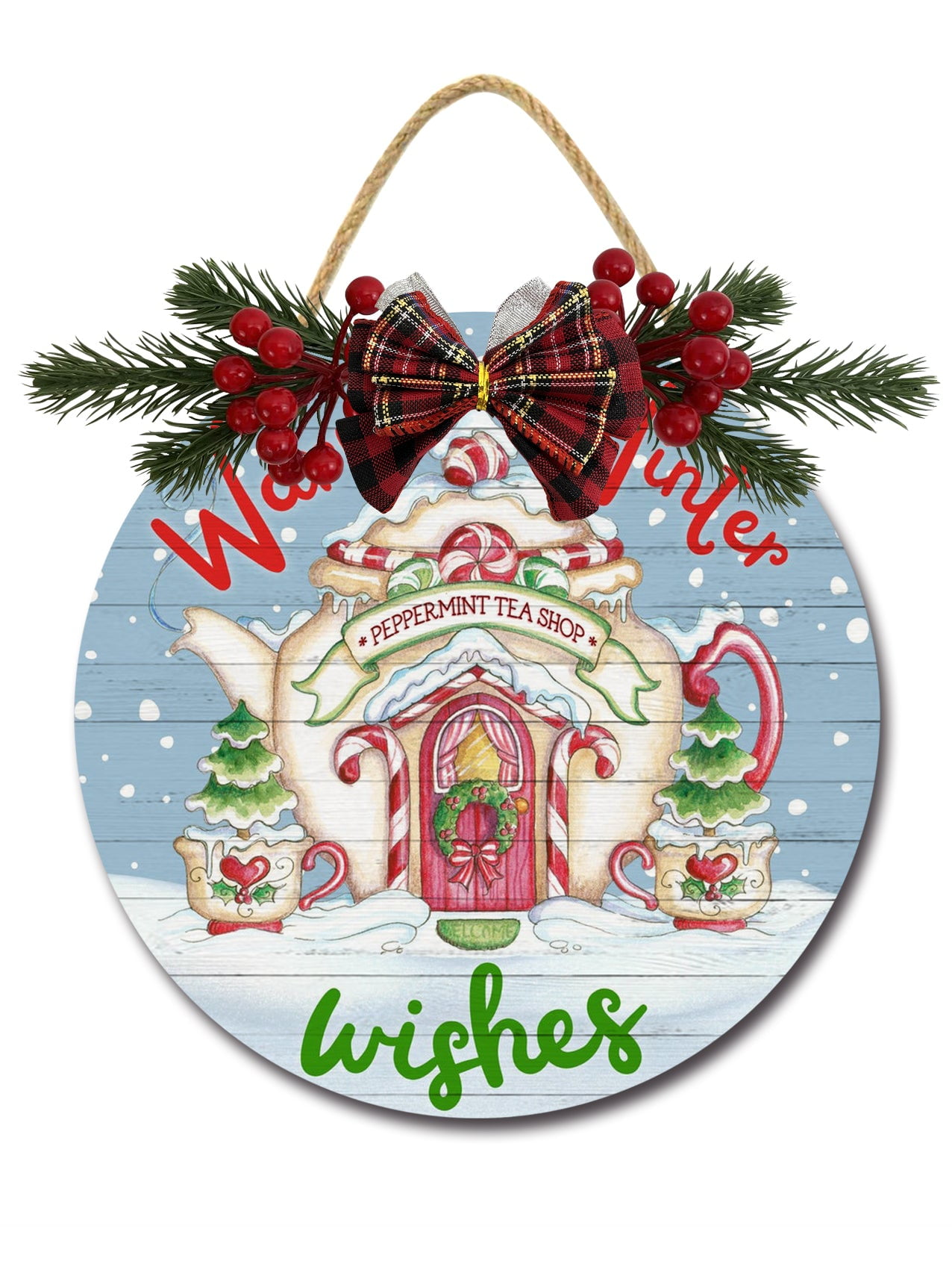 Warm Winter Wishes Sign Front for Door Decoration, 12 in Round Wood ...