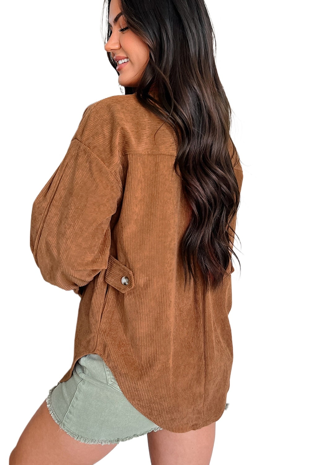 Warm and Versatile Cinnamon Shacket with Long Sleeves and Pocket Detail ...