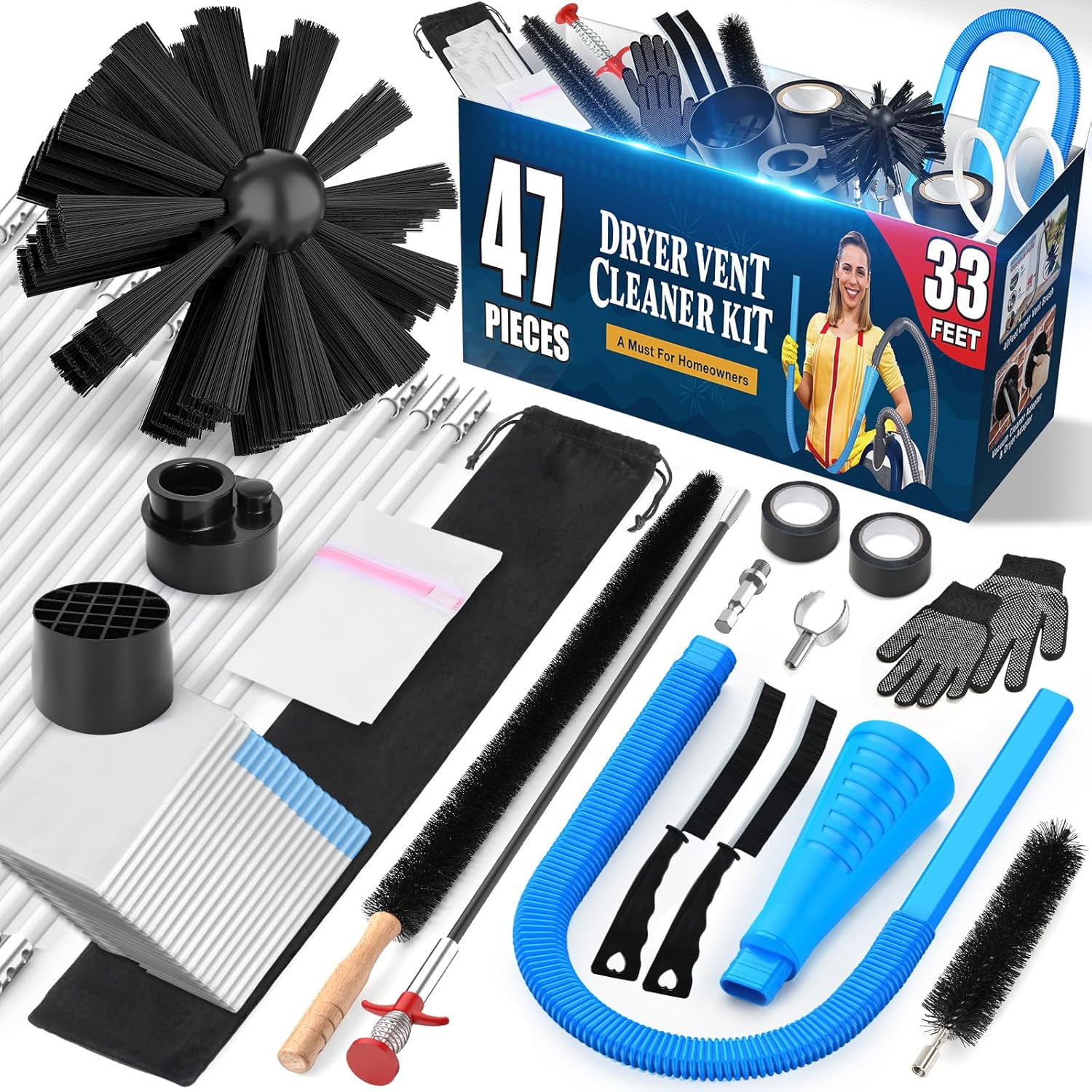 WarmHaven 47-Pieces 33-Feet Dryer Vent Cleaner Kit, Dryer Cleaning ...