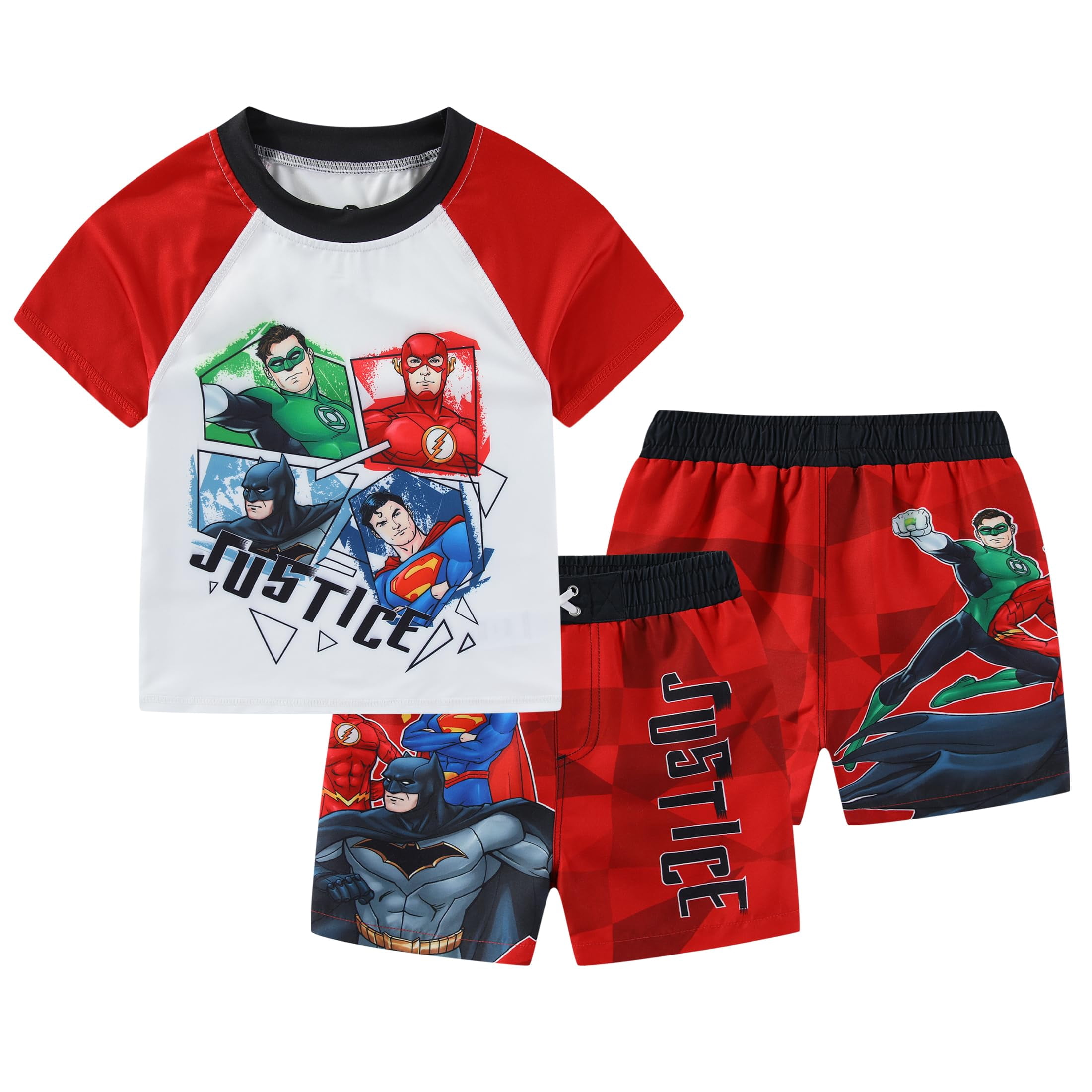 Warner Bros. Justice League UPF 50+ Rash Guard Shirt and Swim Trunks ...